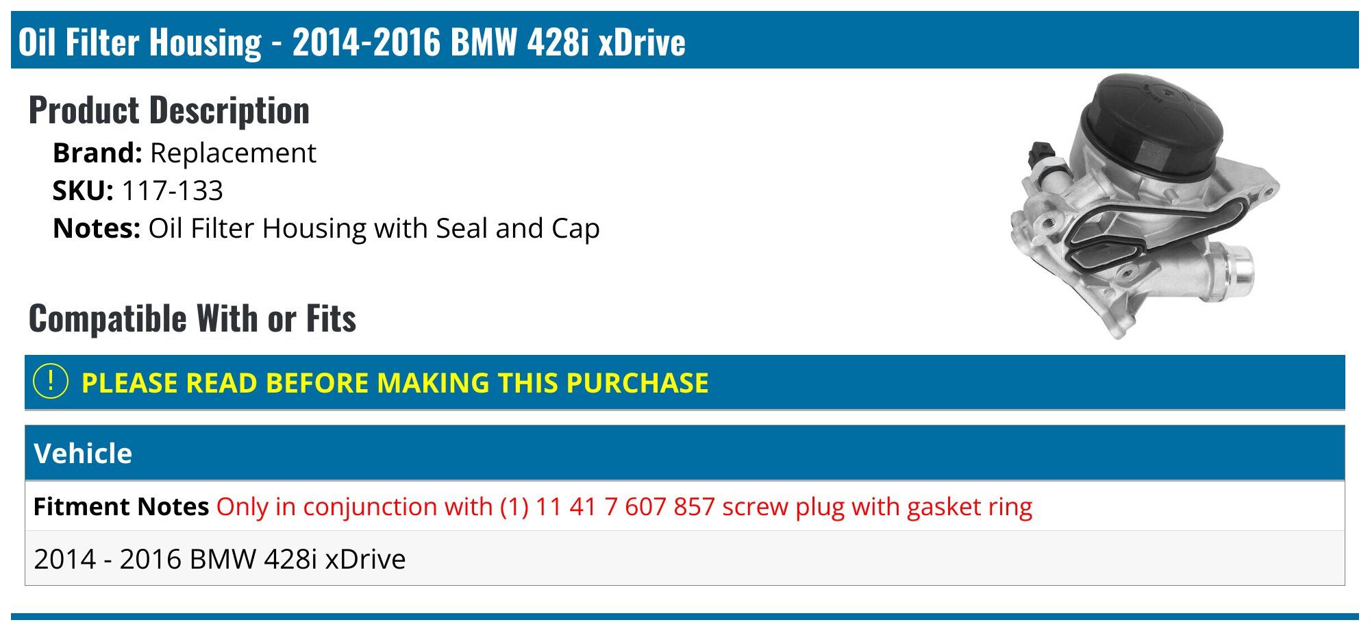 2014-2016 BMW 428i xDrive Oil Filter Housing - Replacement 117-133 ...