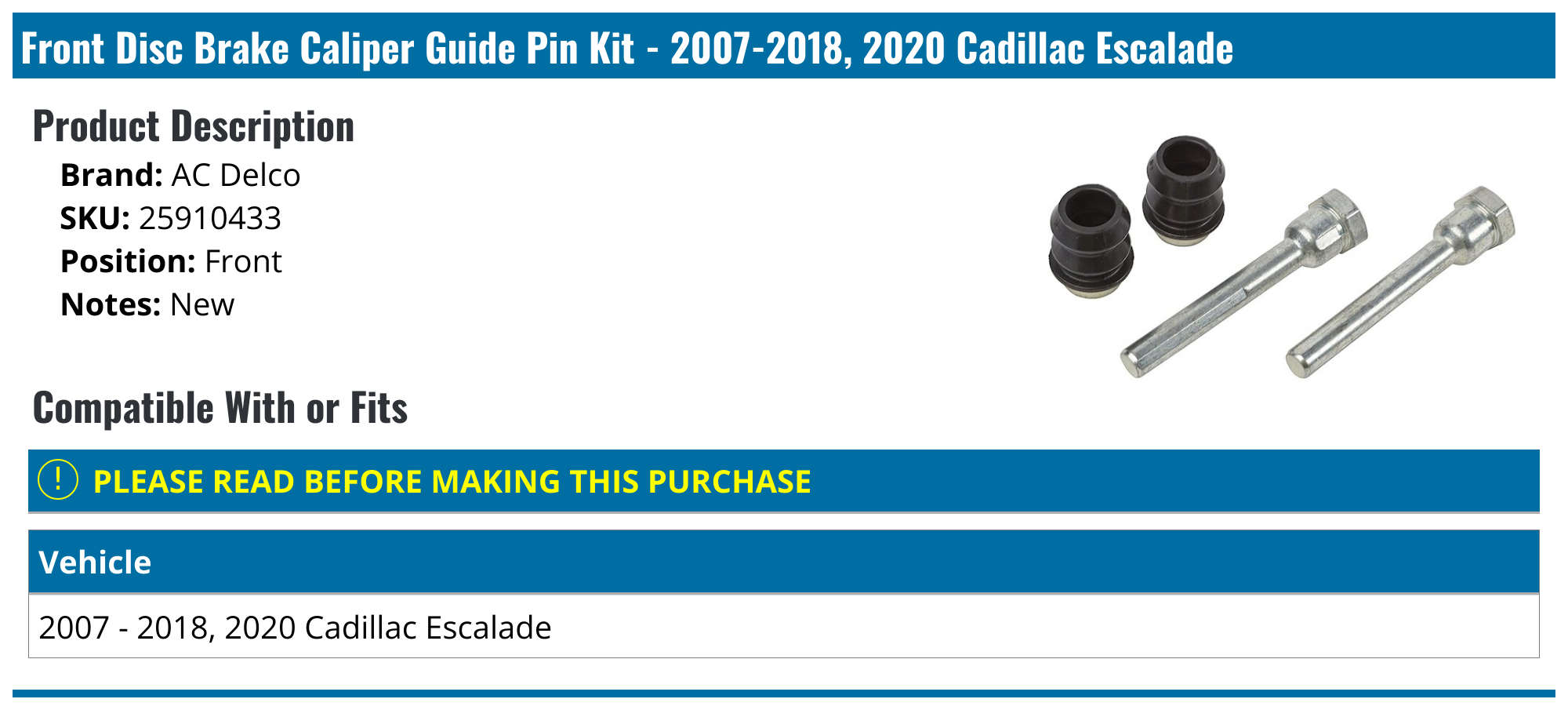 2007-2020 Cadillac Escalade Disc Brake Caliper Guide Pin Kit - AC Delco ...
