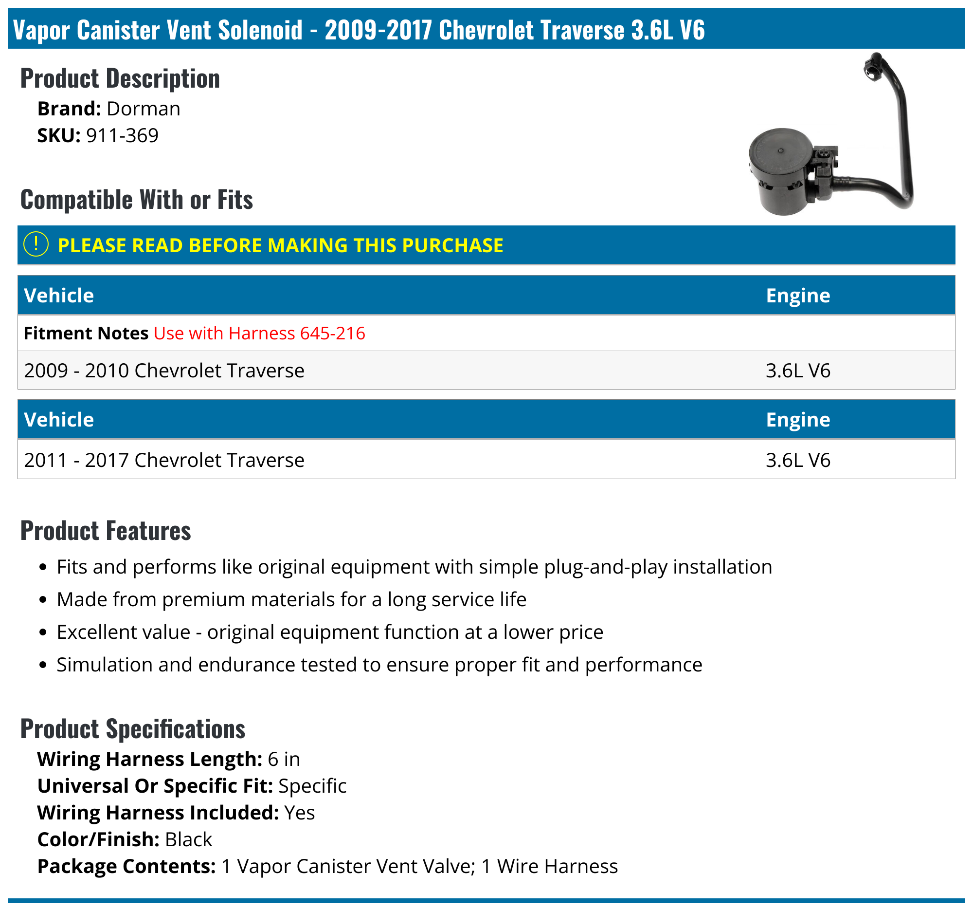 2009-2017 Chevrolet Traverse Vapor Canister Vent Valve - Dorman 911-369 ...