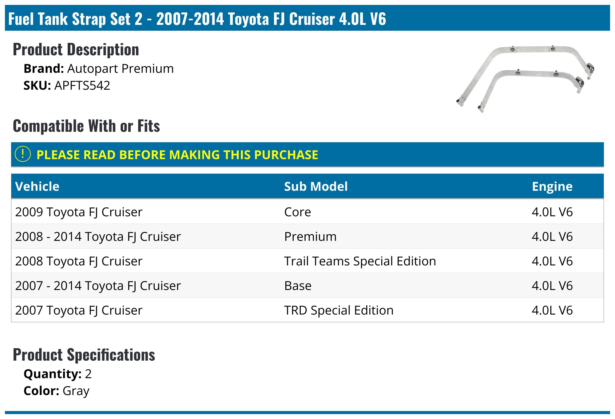 2007-2014 Toyota FJ Cruiser Fuel Tank Strap - Autopart Premium APFTS542 ...