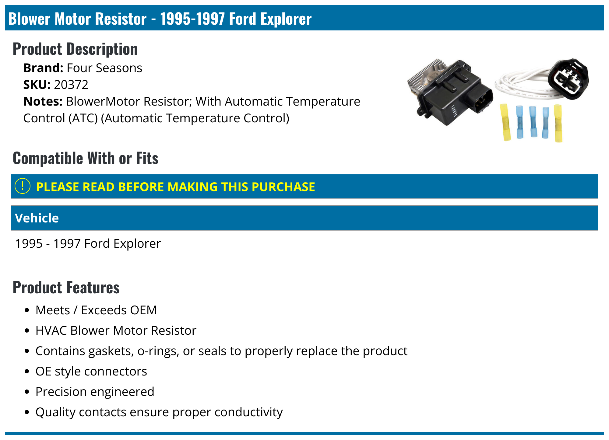 1995-1997 Ford Explorer Blower Motor Resistor - Four Seasons 20372 ...