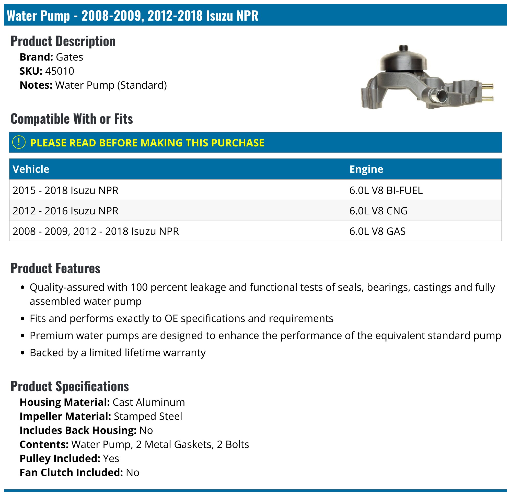 2008-2009, 2012-2019 Isuzu NPR Water Pump - Gates 45010 - PartsGeek.com