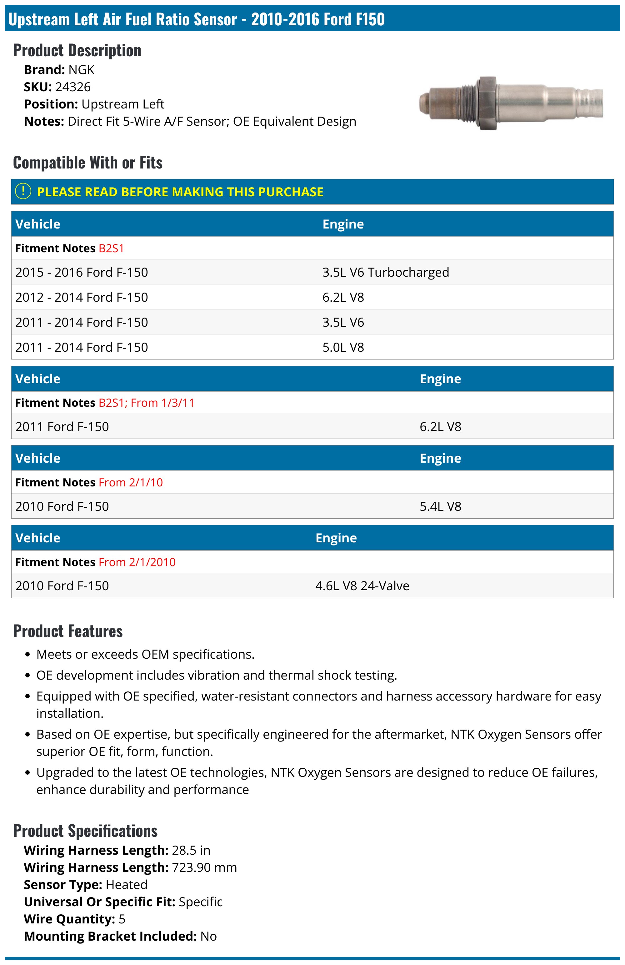 2010-2016 Ford F150 Oxygen Sensor - NGK 24326 - Upstream Left ...