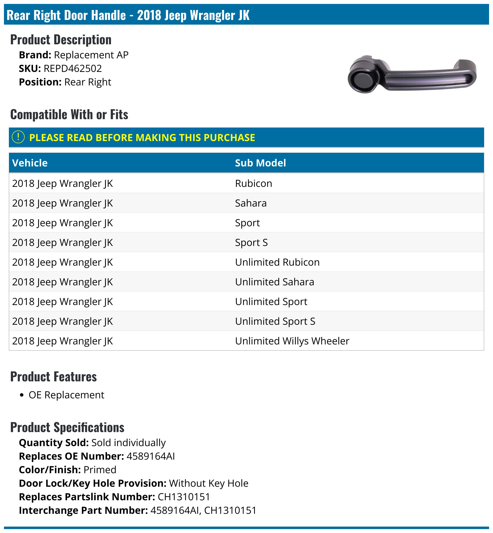 2018 Jeep Wrangler JK Door Handle - Replacement AP REPD462502 - Rear ...