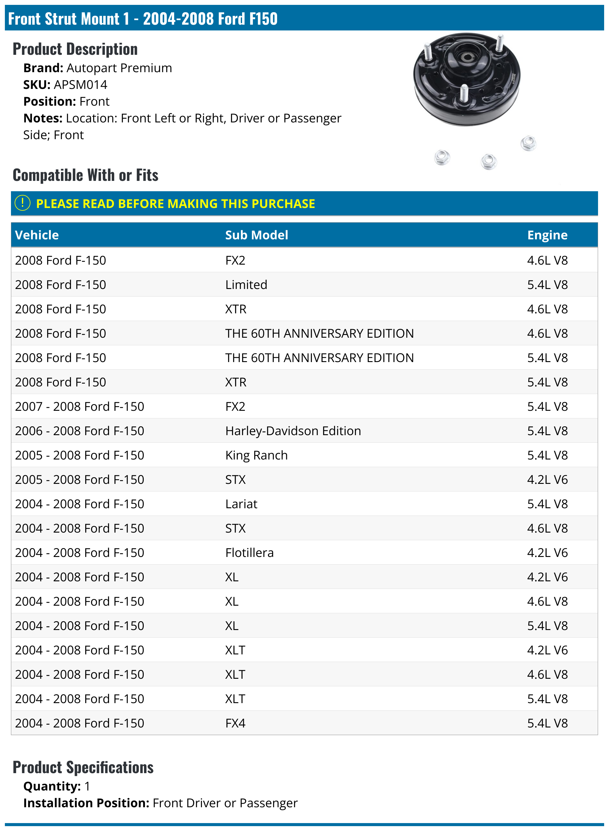 2004-2008 Ford F150 Strut Mount - Autopart Premium APSM014 - Front ...