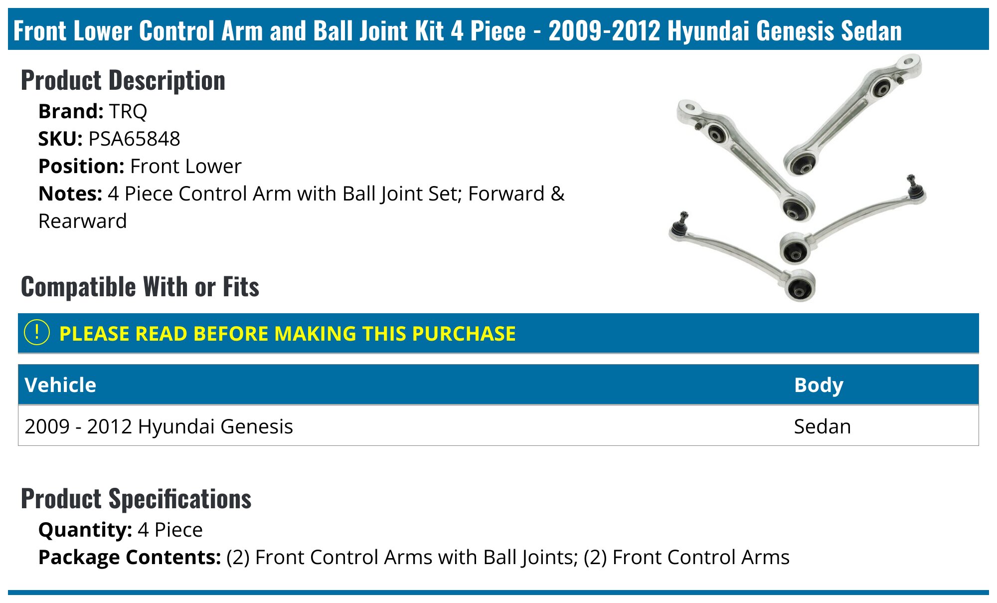 2009-2012 Hyundai Genesis Control Arm - TRQ PSA65848 - Front ...
