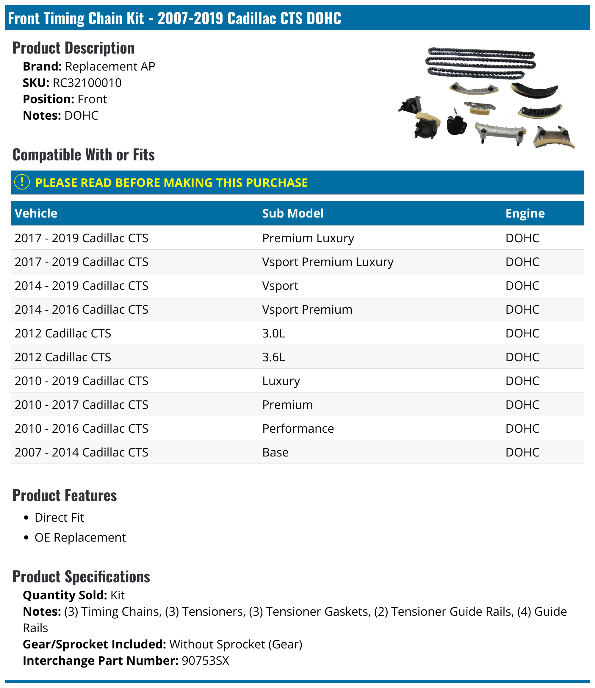 2007-2015 Cadillac CTS Timing Chain - Replacement AP RC32100010 ...