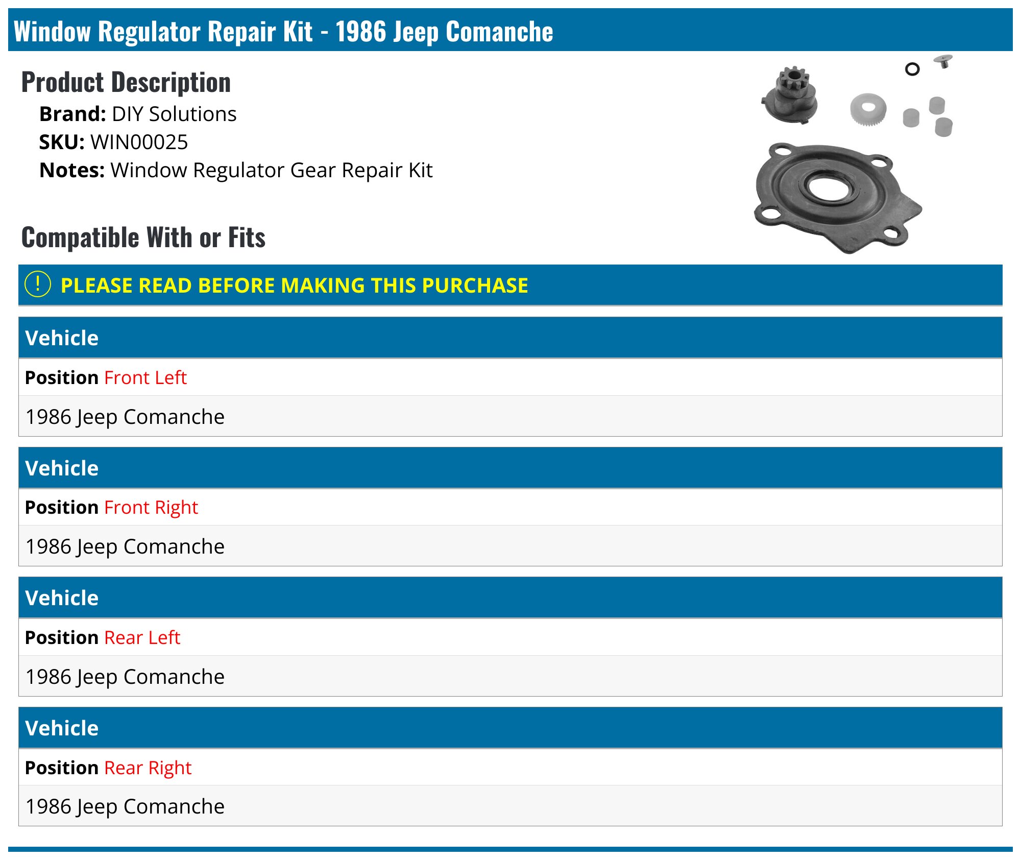 1986 Jeep Comanche Window Regulator Repair Kit - DIY Solutions WIN00025 ...