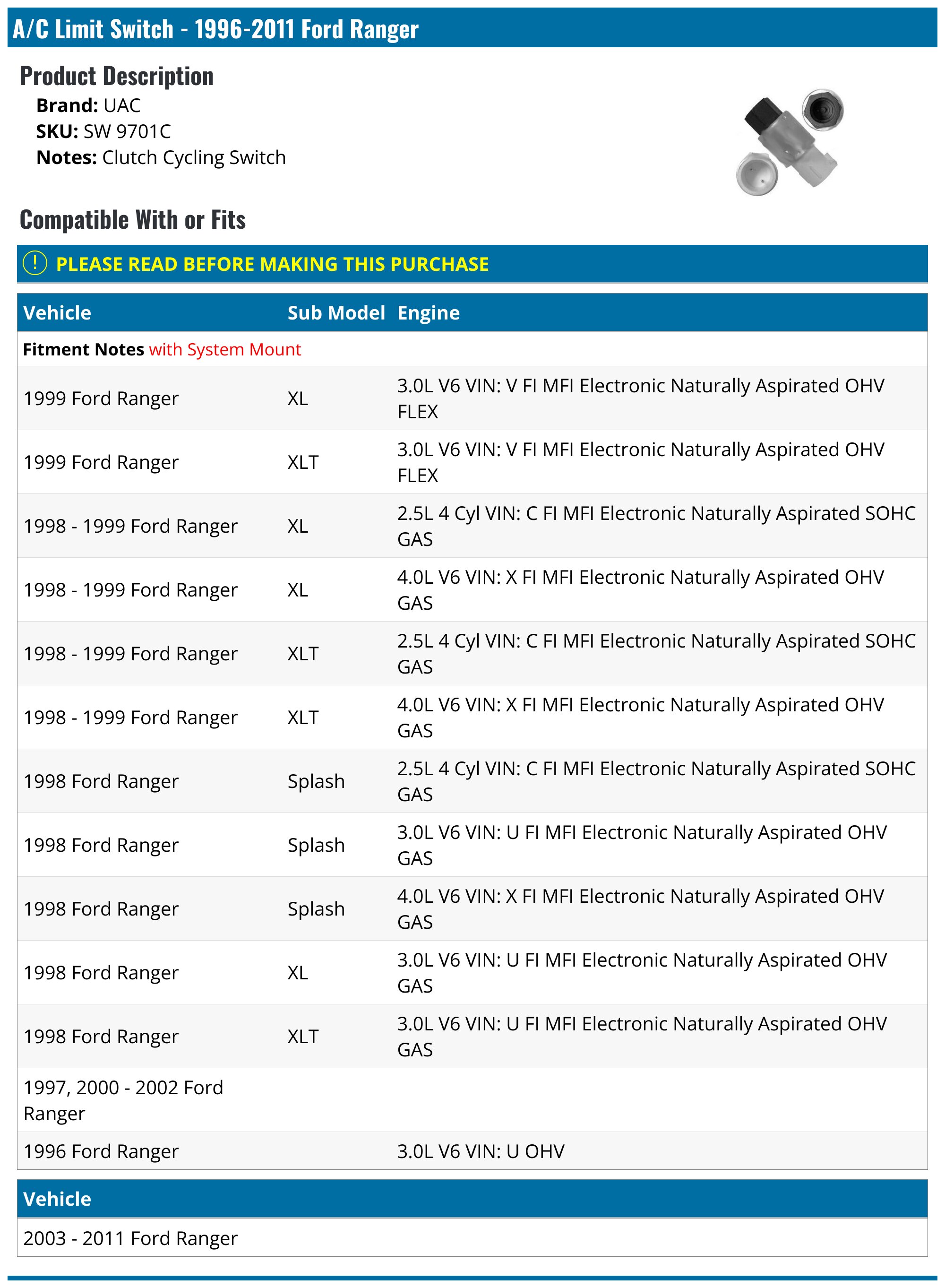 1996-2011 Ford Ranger A/C Limit Switch - UAC SW 9701C - PartsGeek.com