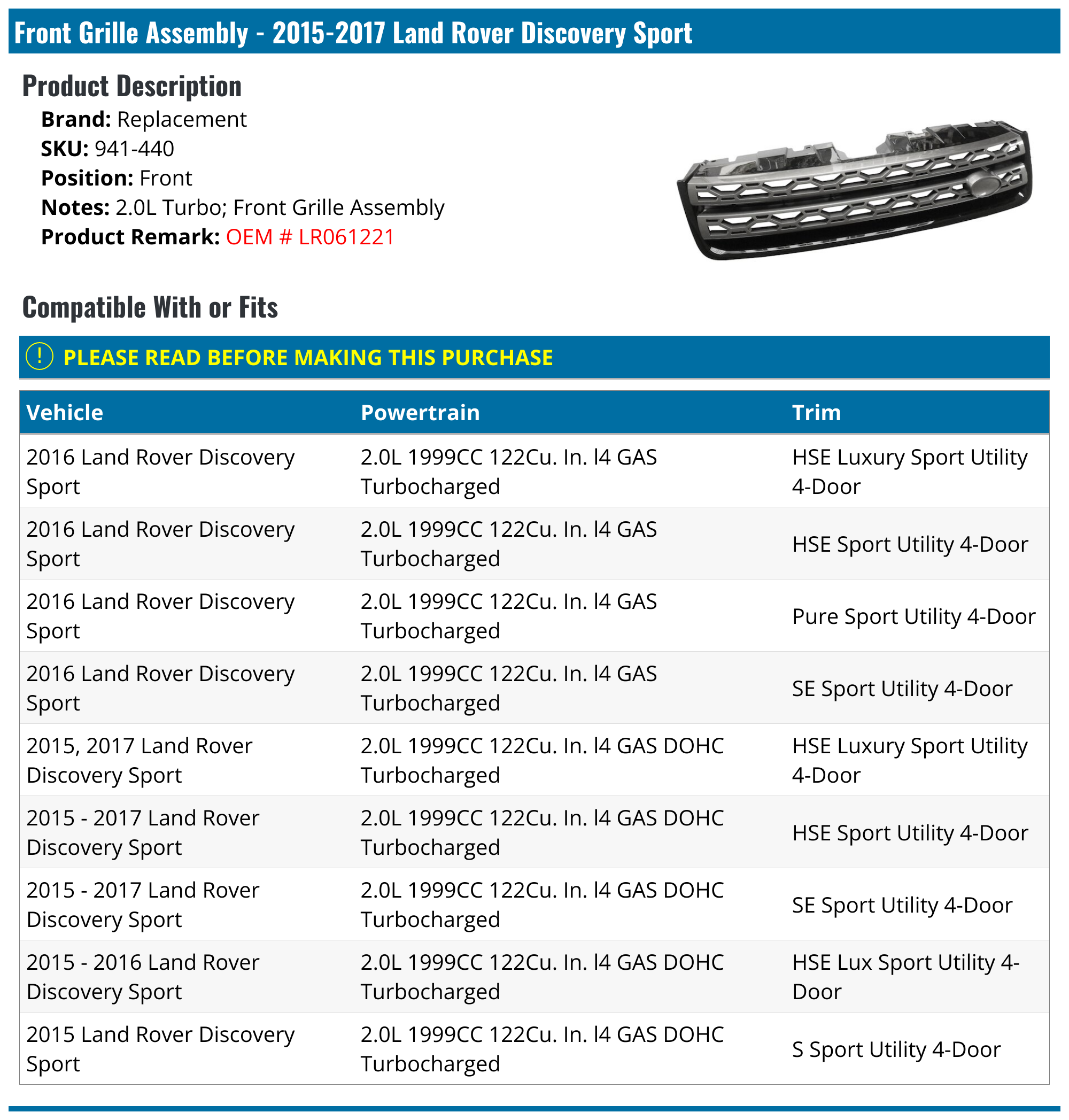 2015-2017 Land Rover Discovery Sport Grille Assembly - Replacement 941 ...