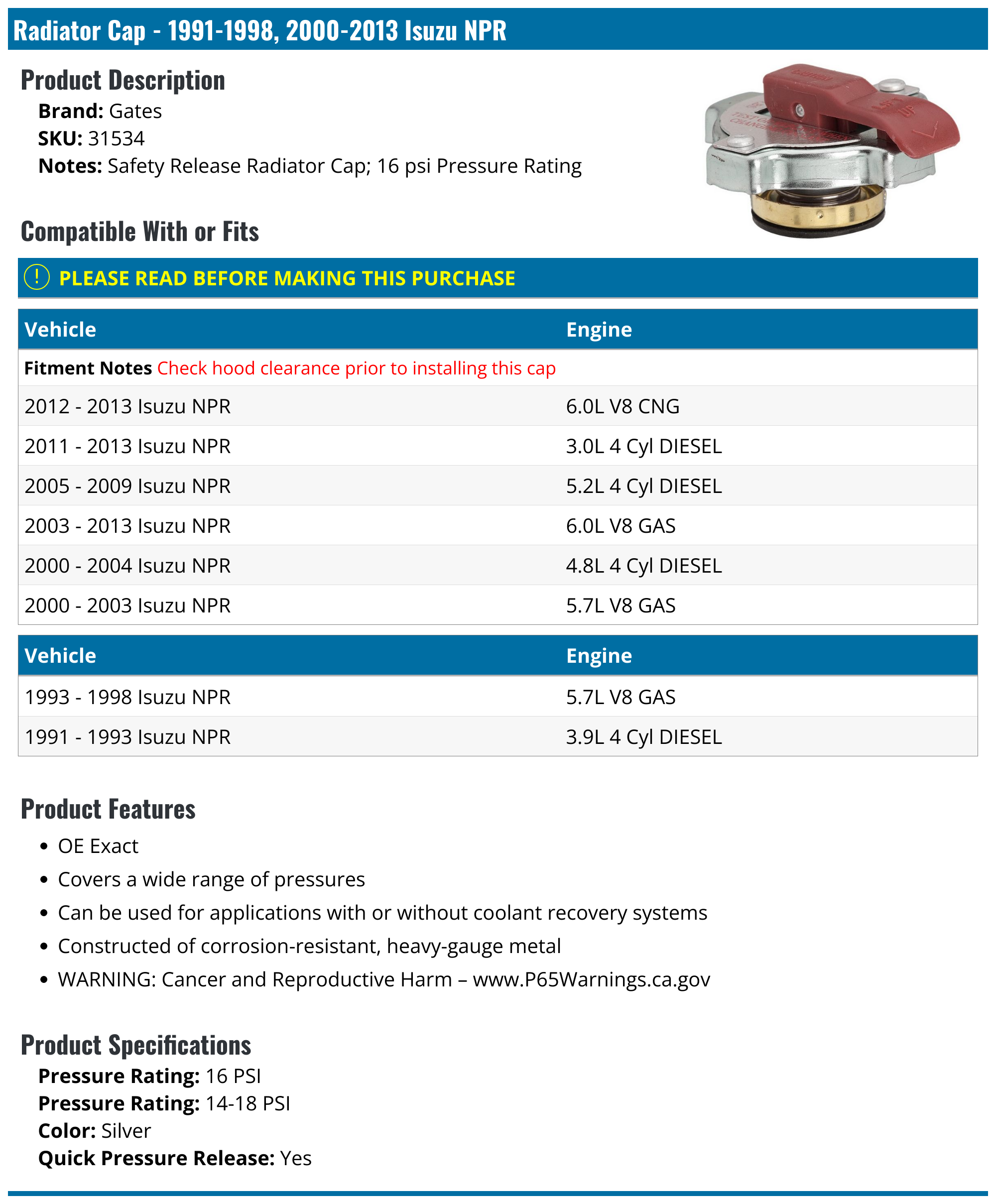 1991-1998, 2000-2013 Isuzu NPR Radiator Cap - Gates 31534 - PartsGeek.com