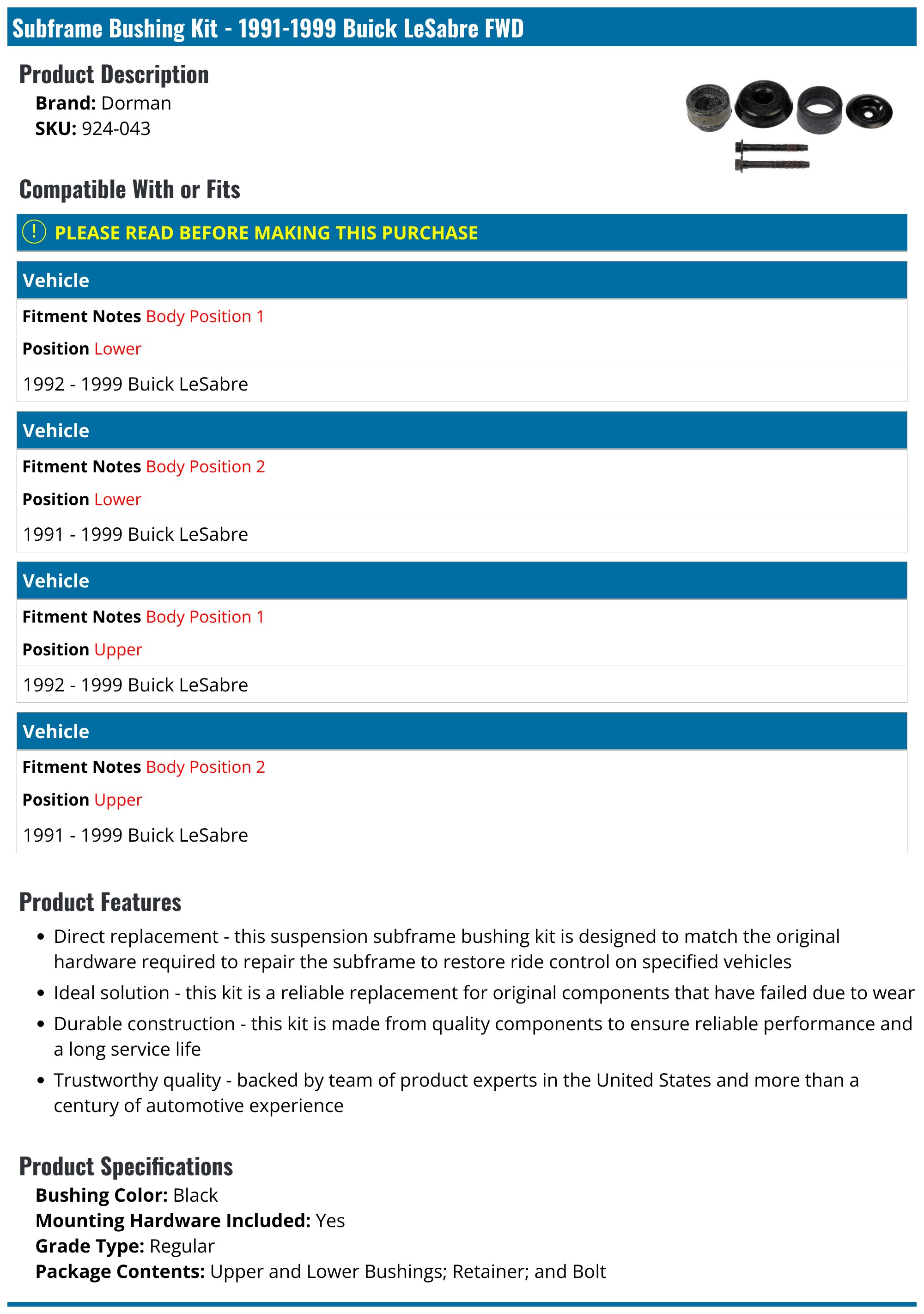 1991-1999 Buick LeSabre Subframe Bushing - Dorman 924-043 - Lower ...