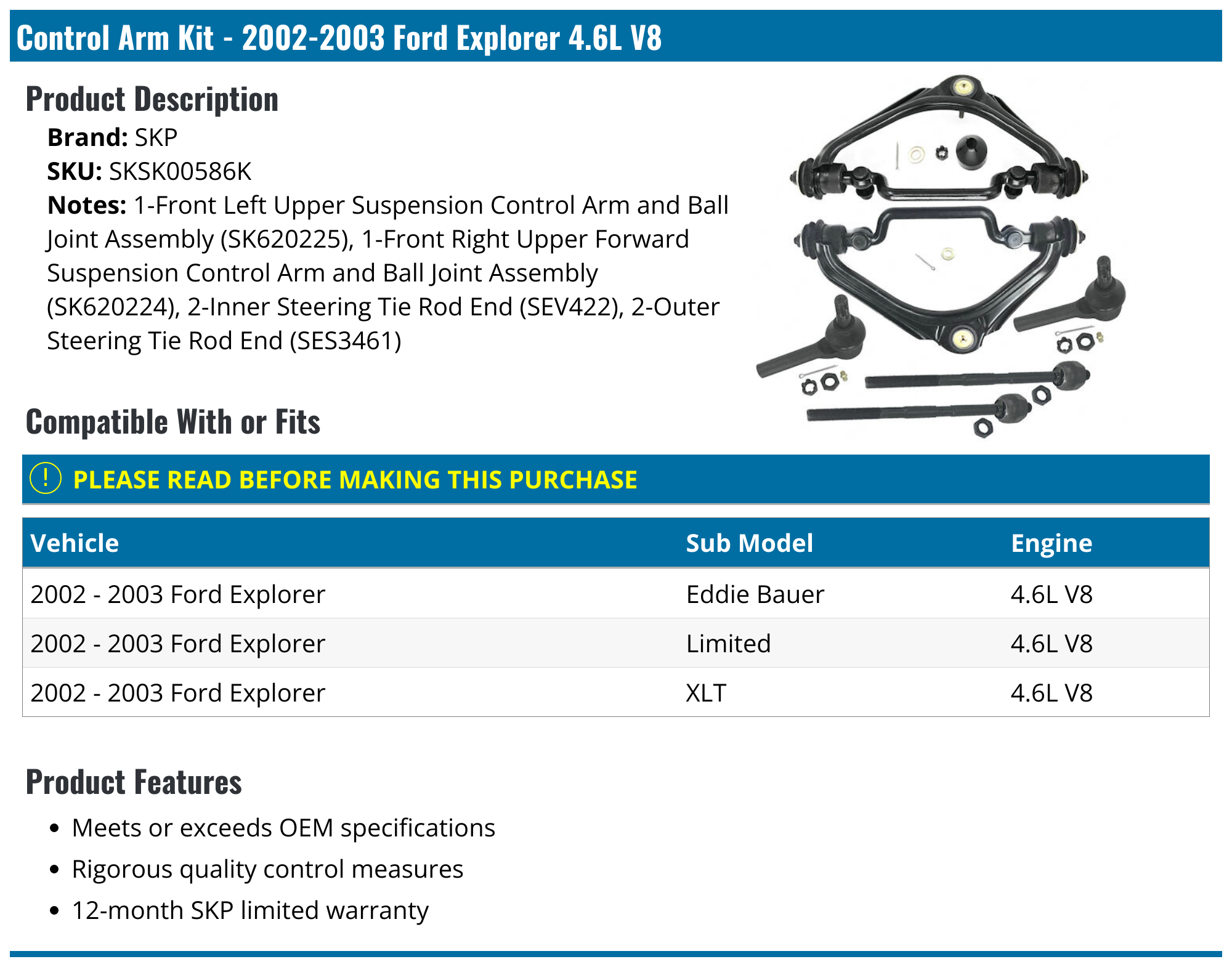 2002-2003 Ford Explorer Control Arm - SKP SKSK00586K - PartsGeek.com