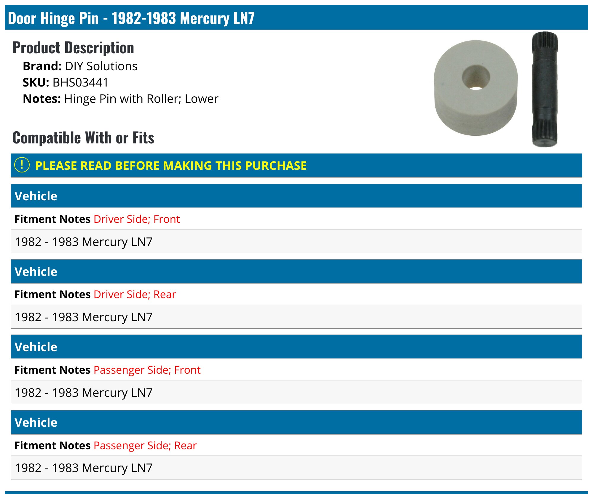 1982-1983 Mercury LN7 Door Hinge Pin - DIY Solutions BHS03441 ...