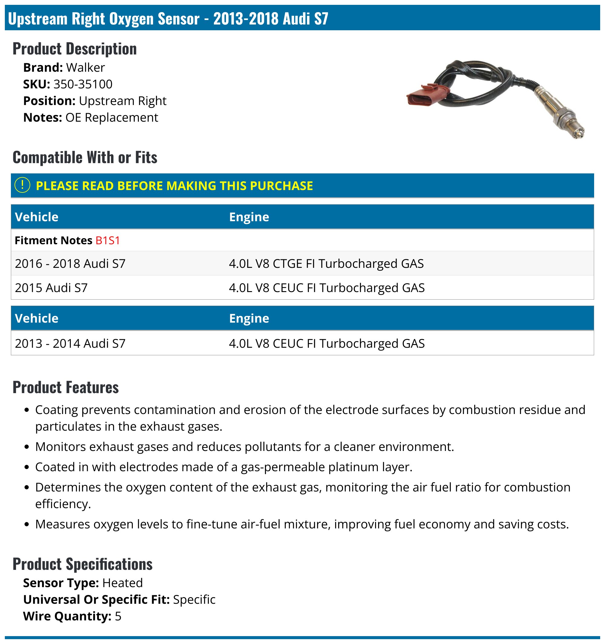2013-2018 Audi S7 Oxygen Sensor - Walker 350-35100 - Upstream Right ...