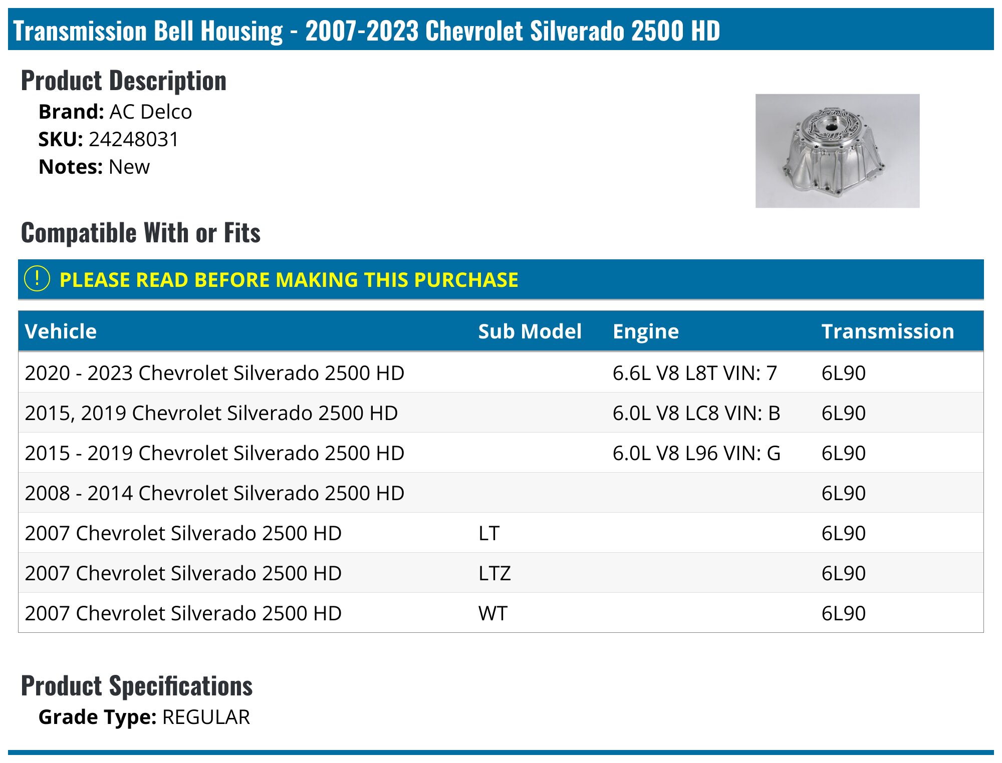 2007-2023 Chevrolet Silverado 2500 HD Transmission Bell Housing - AC ...