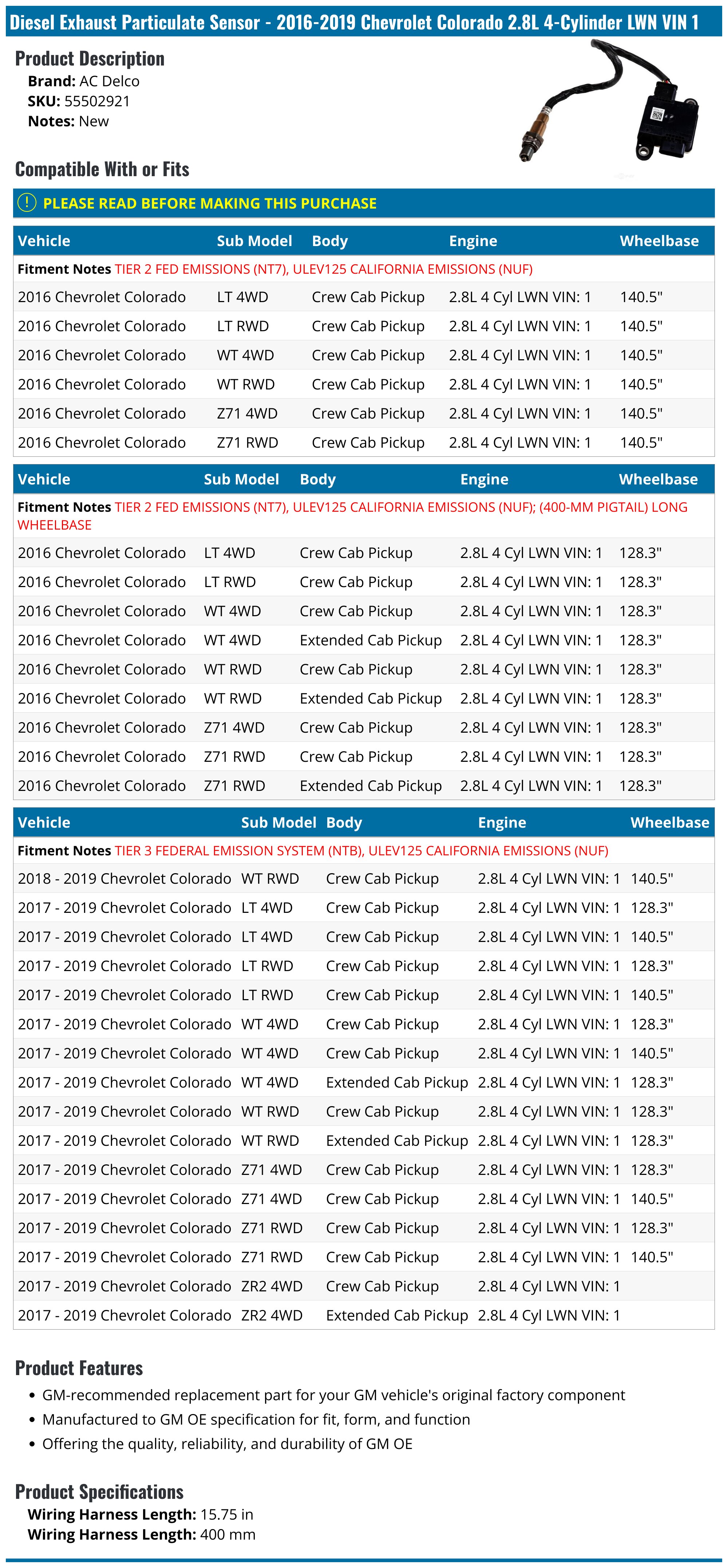 2016-2019 Chevrolet Colorado Diesel Exhaust Particulate Sensor - AC ...