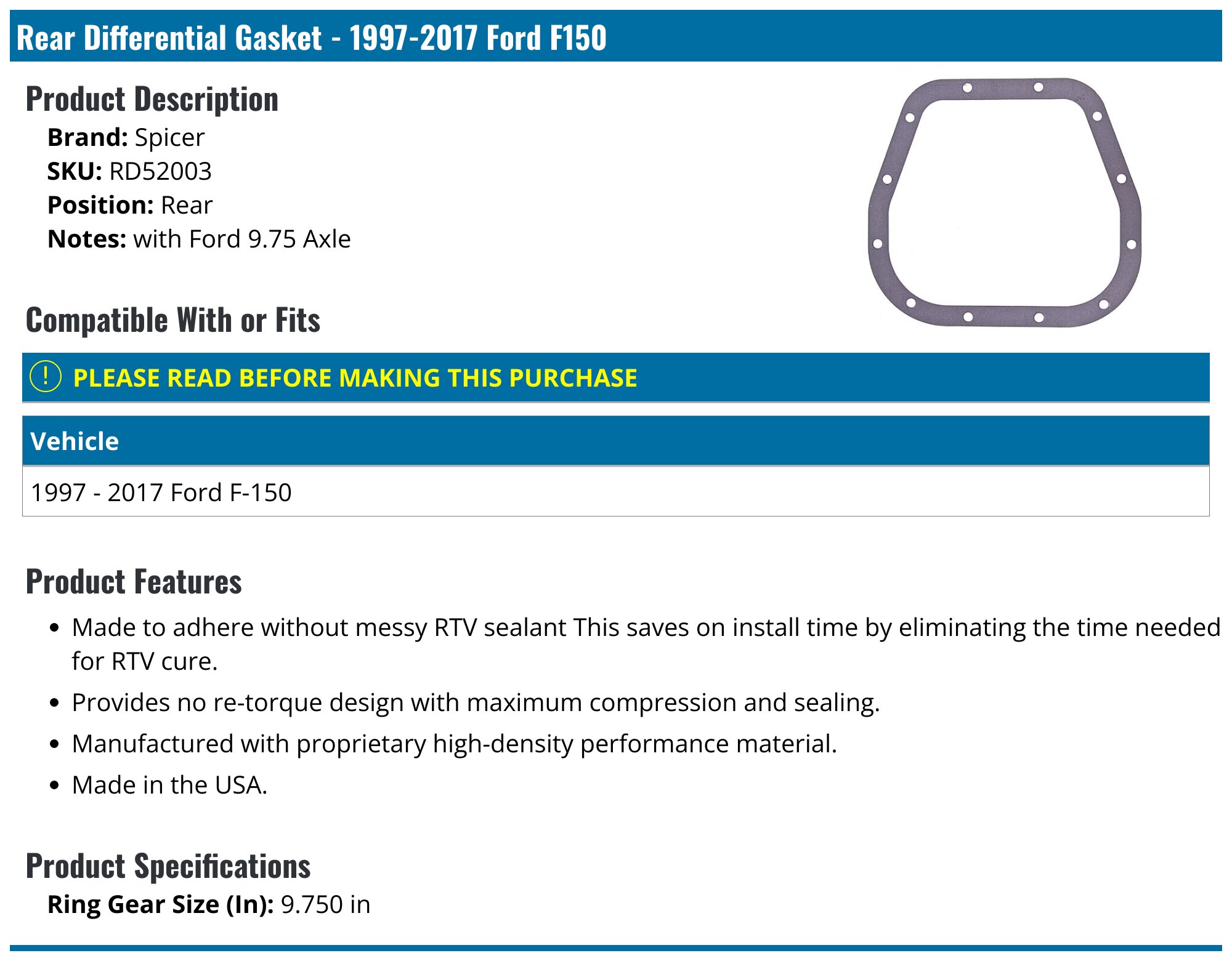 1997-2017 Ford F150 Differential Gasket - Spicer RD52003 - Rear ...