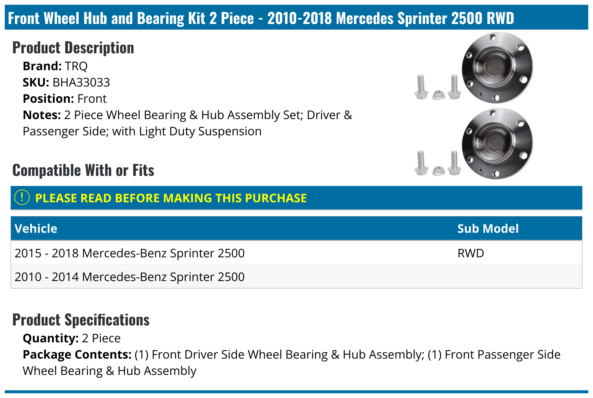 2010-2018 Mercedes Sprinter 2500 Wheel Hub Assembly - TRQ BHA33033 ...