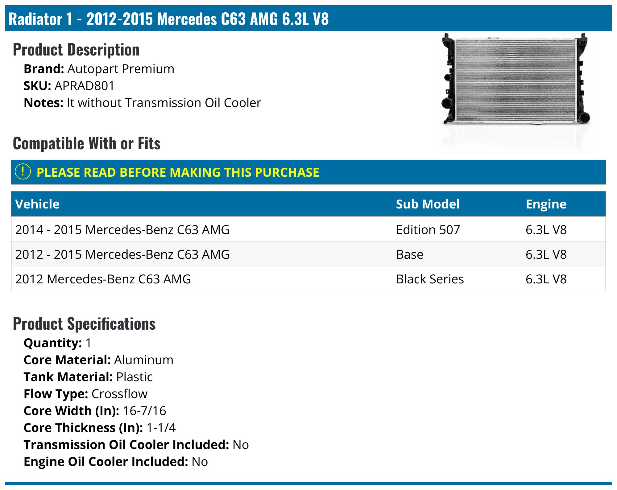 2012-2015 Mercedes C63 AMG Radiator - Autopart Premium APRAD801 ...