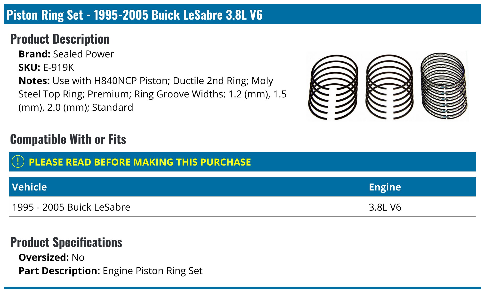 1995-2005 Buick LeSabre Piston Ring - Sealed Power E-919K - PartsGeek.com
