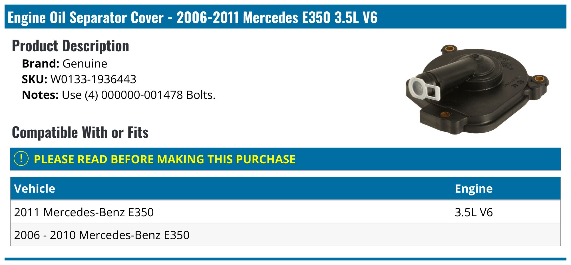 2006-2011 Mercedes E350 Engine Oil Separator Cover - Genuine W0133 ...