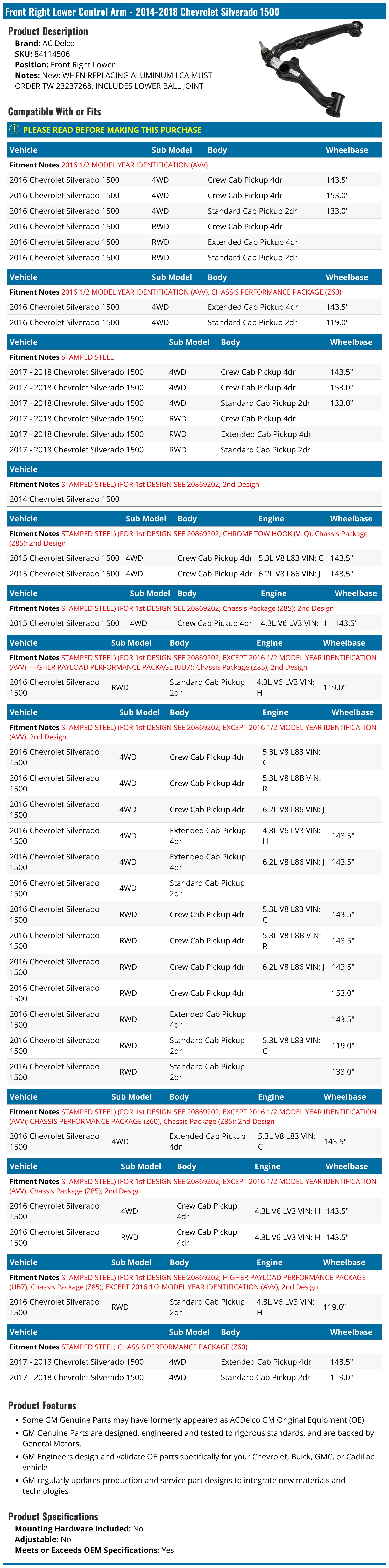 2014-2018 Chevrolet Silverado 1500 Control Arm - AC Delco 84114506 ...