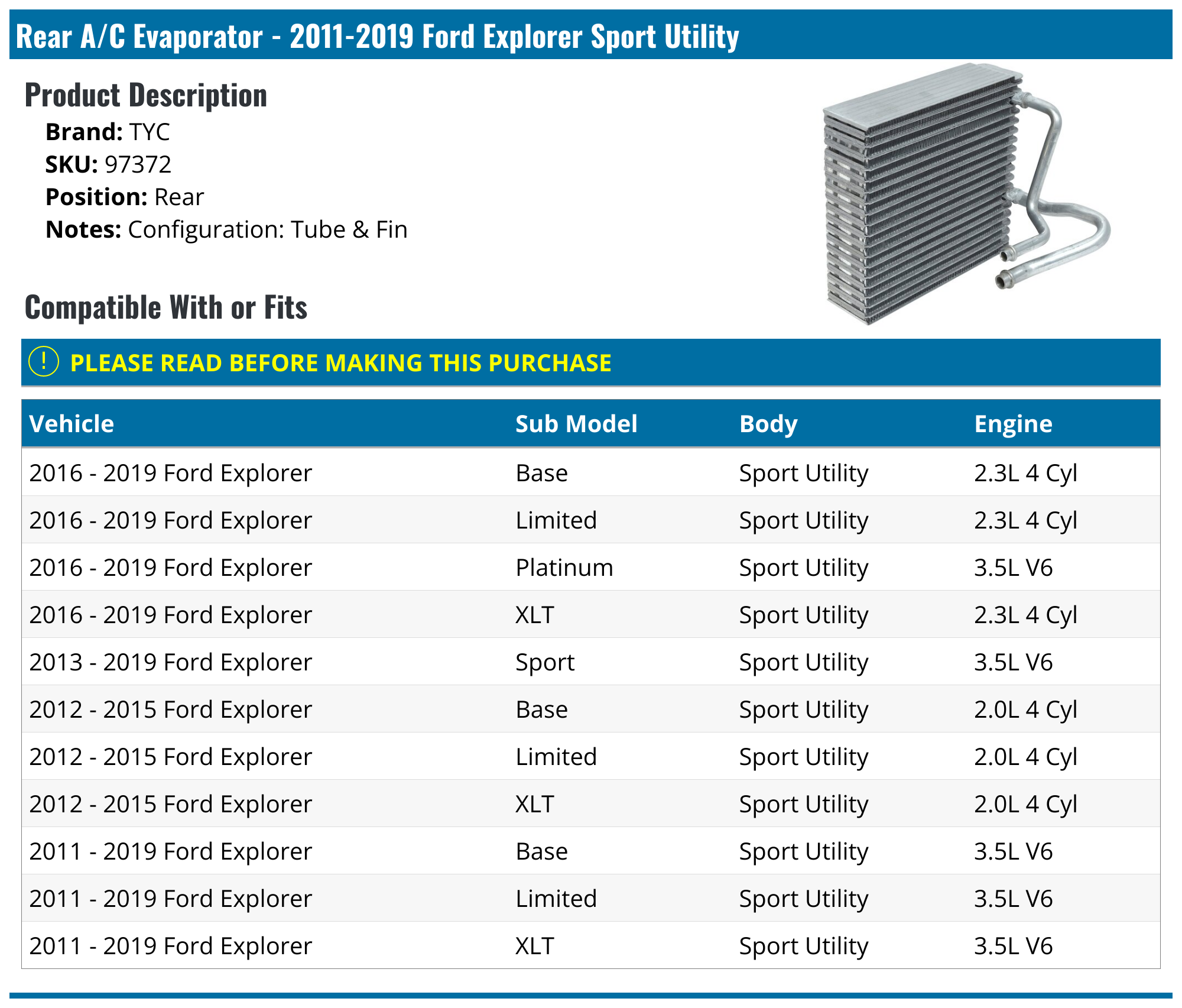 2011-2019 Ford Explorer A/C Evaporator - TYC 97372 - Rear - PartsGeek.com