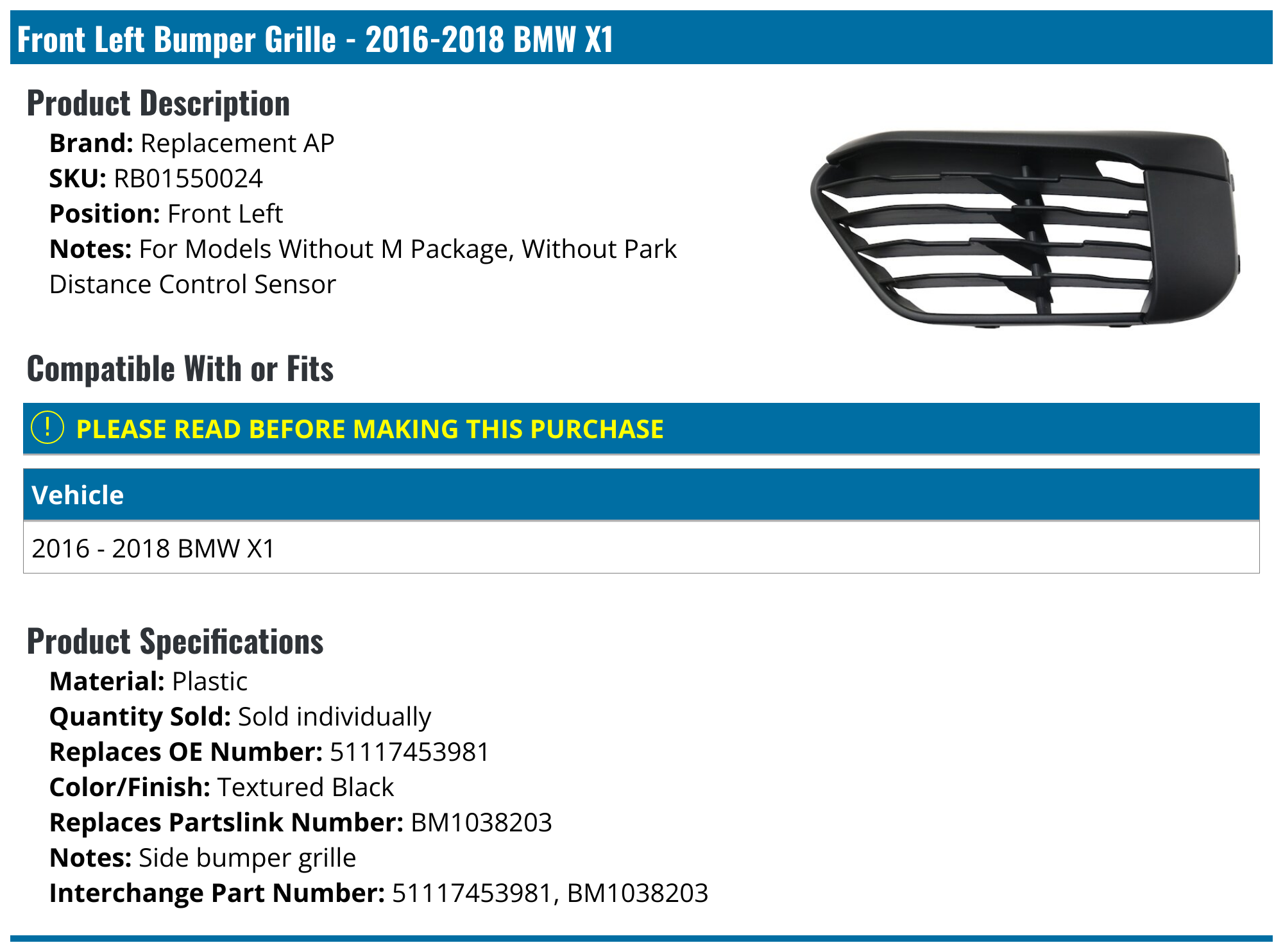 2016-2018 BMW X1 Grille Assembly - Replacement AP RB01550024 - Front ...