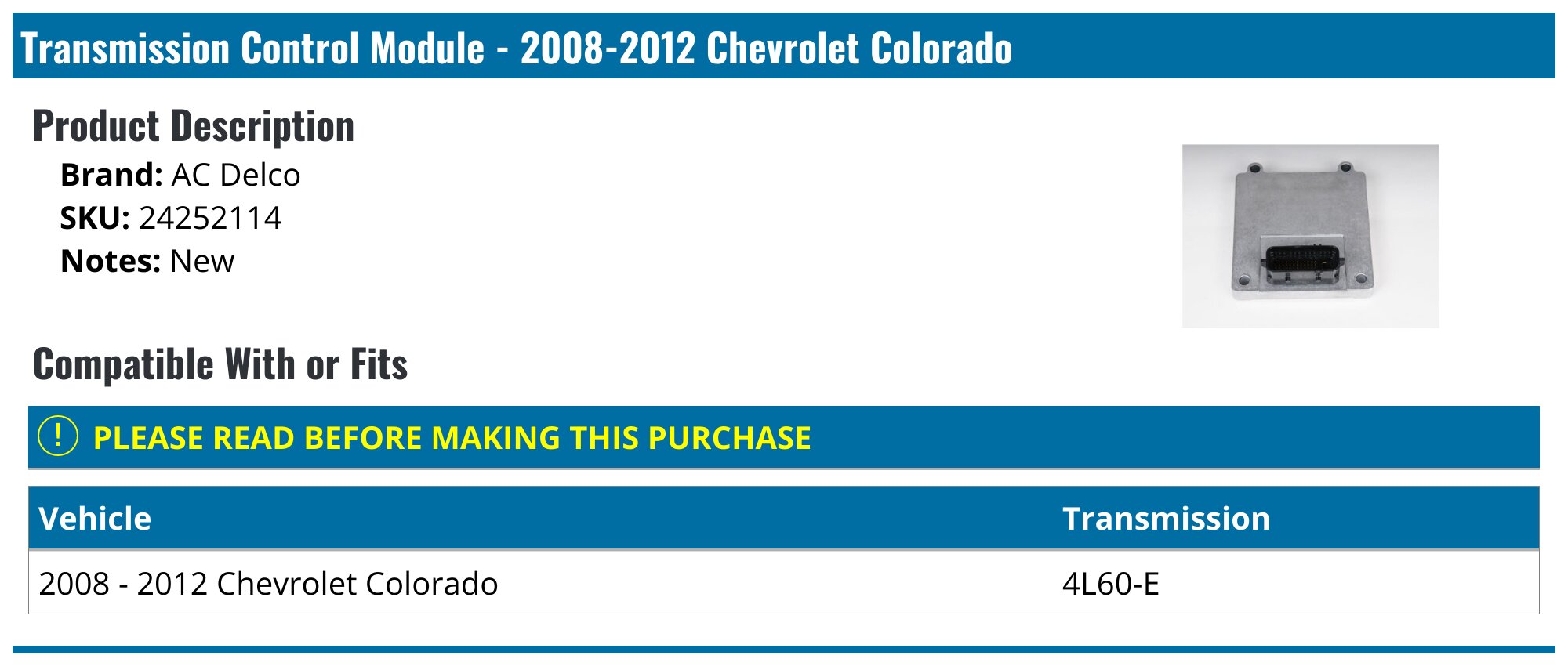 2008-2012 Chevrolet Colorado Transmission Control Module - AC Delco ...