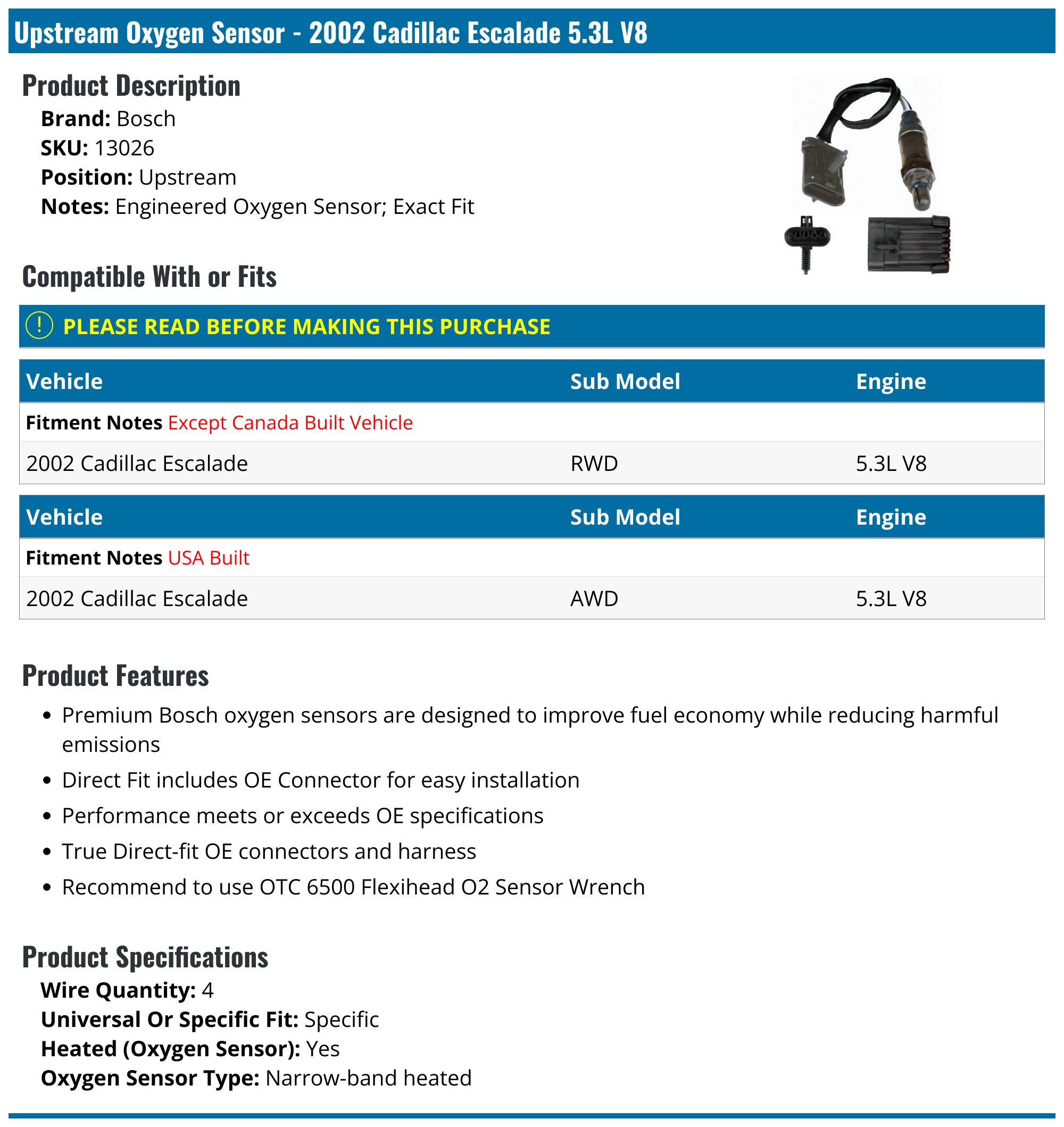 2002 Cadillac Escalade Oxygen Sensor - Bosch 13026 - Upstream ...