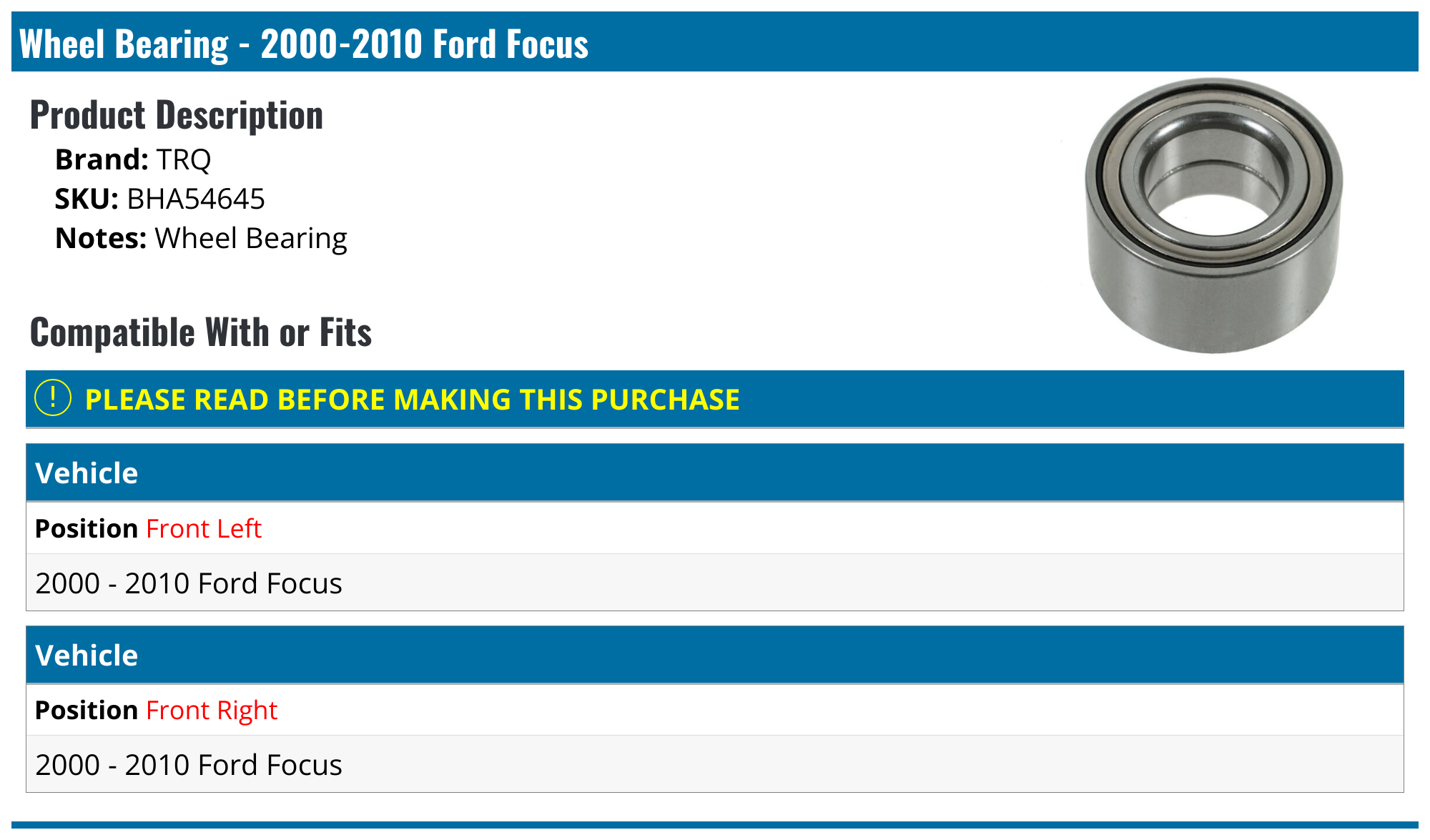 2000-2011 Ford Focus Wheel Bearing - TRQ BHA54645 - Front Right ...