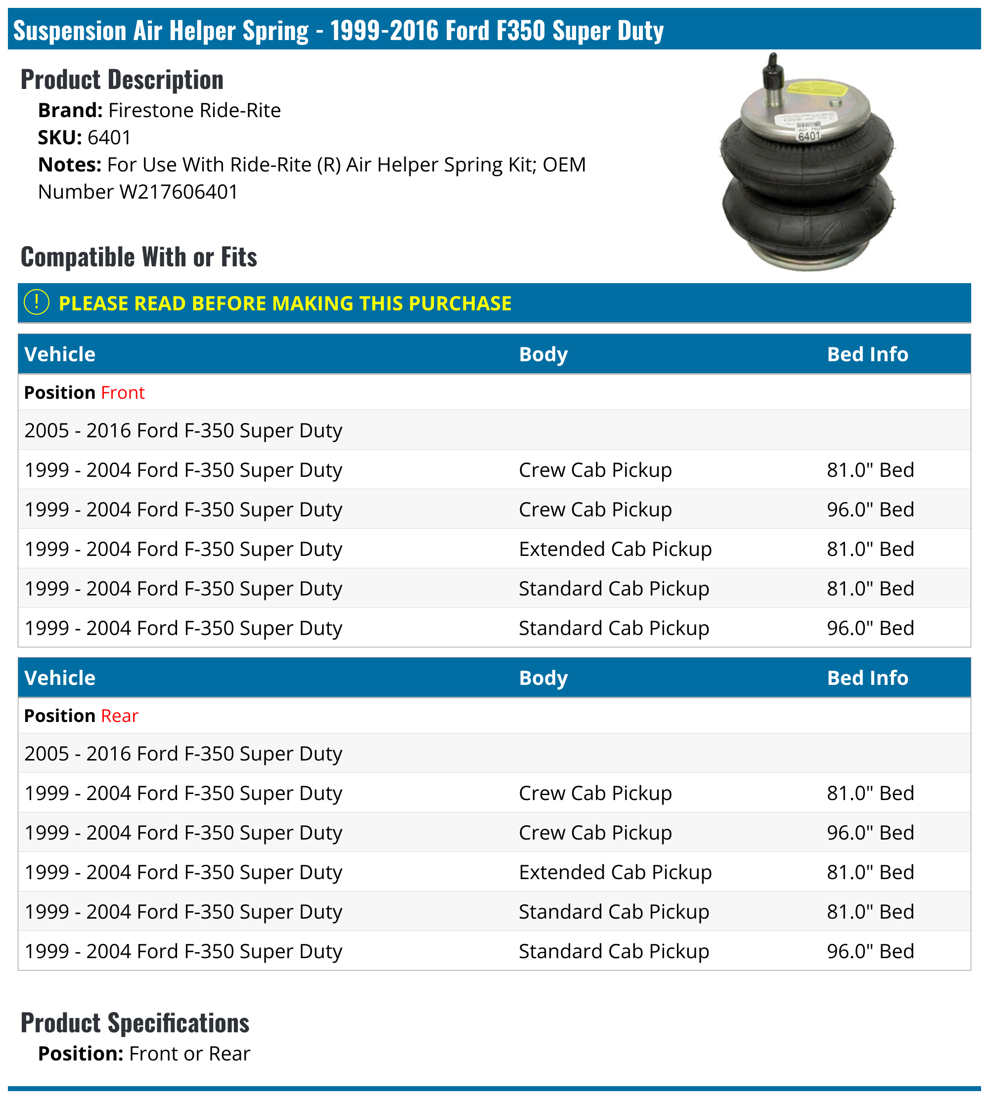 1999-2016 Ford F350 Super Duty Air Spring - Firestone Ride-Rite 6401 ...