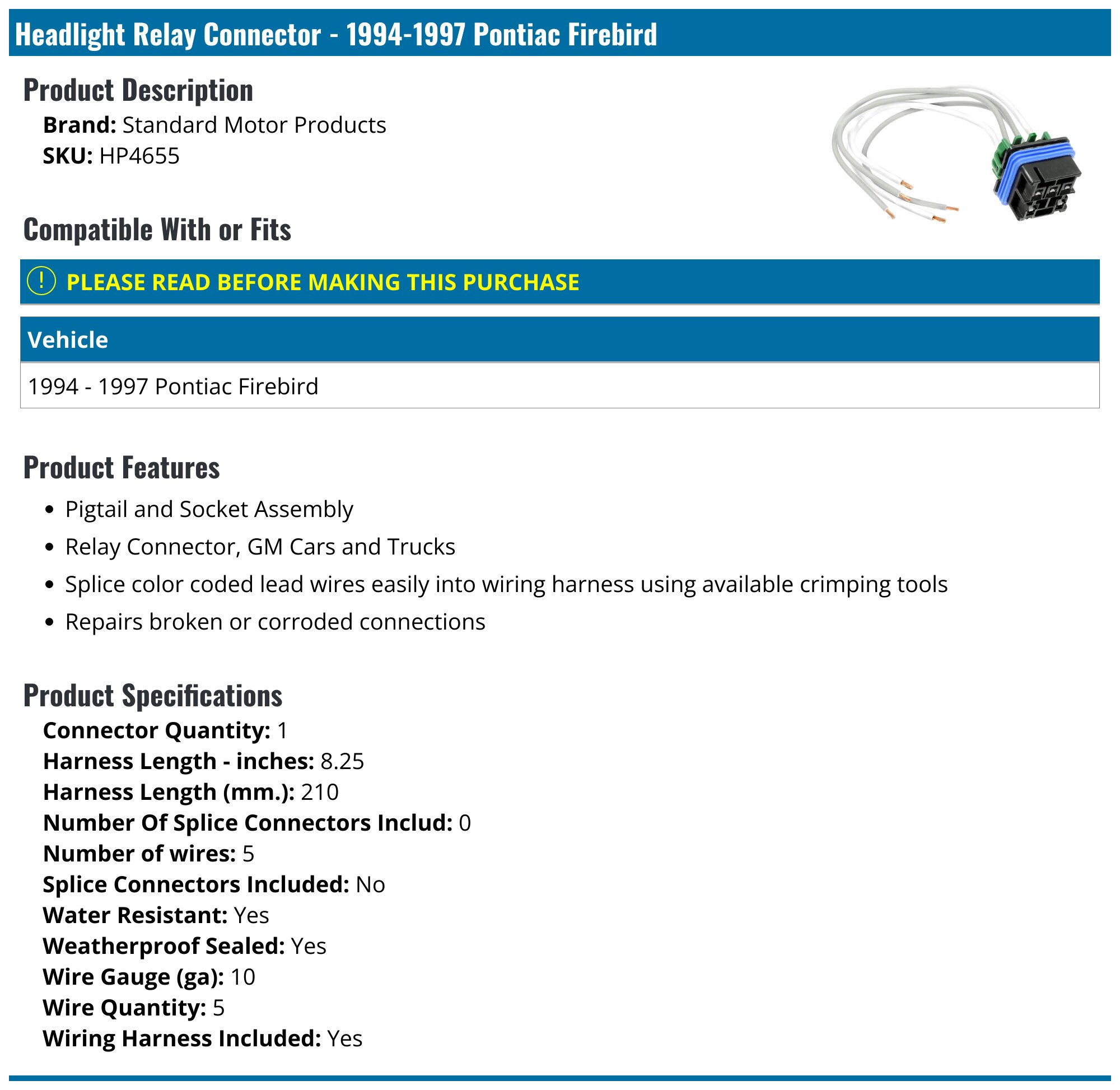1994-1997 Pontiac Firebird Headlight Relay Connector - Standard Motor ...