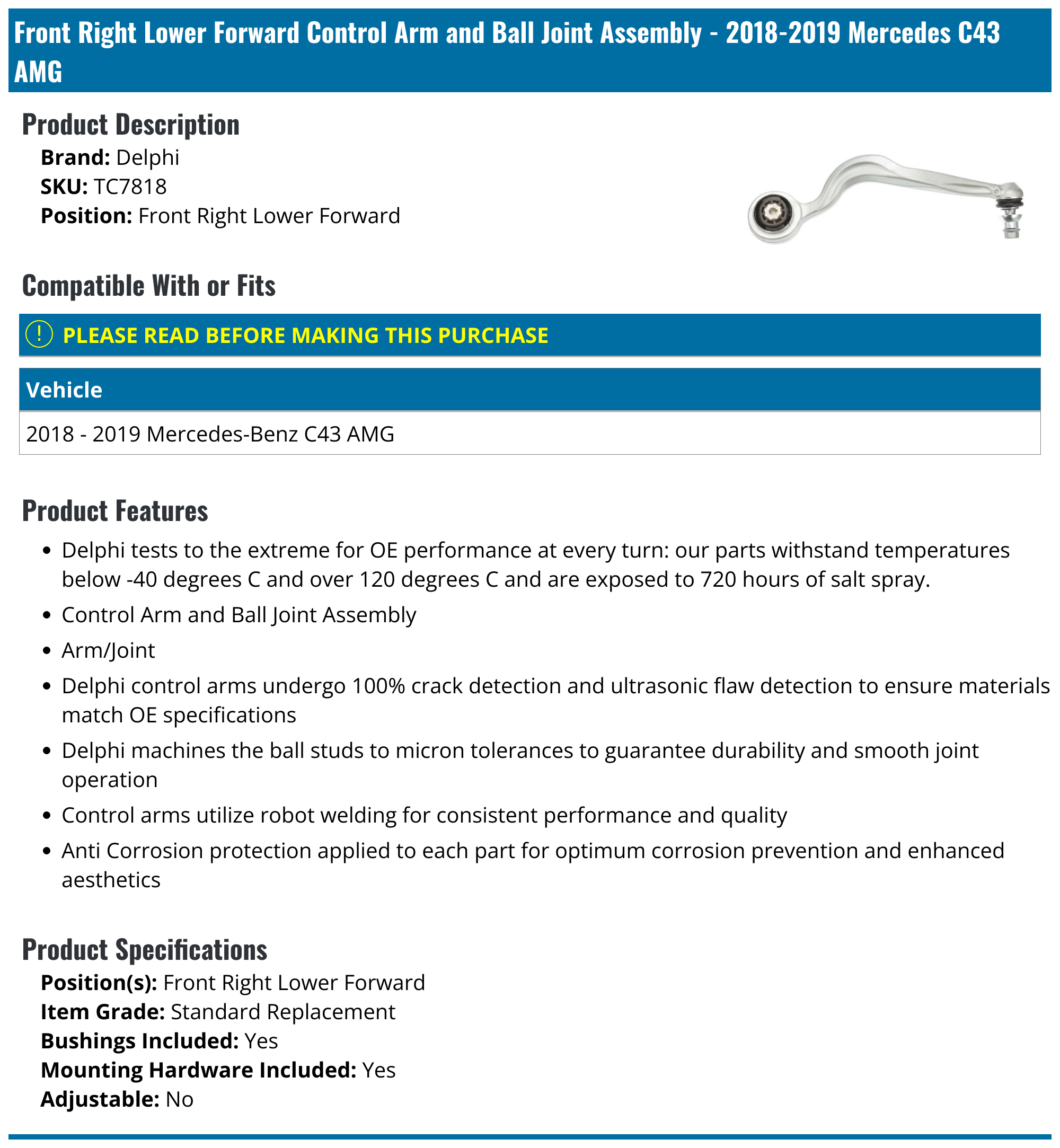 2018-2019 Mercedes C43 AMG Control Arm - Delphi TC7818 - Front Right ...