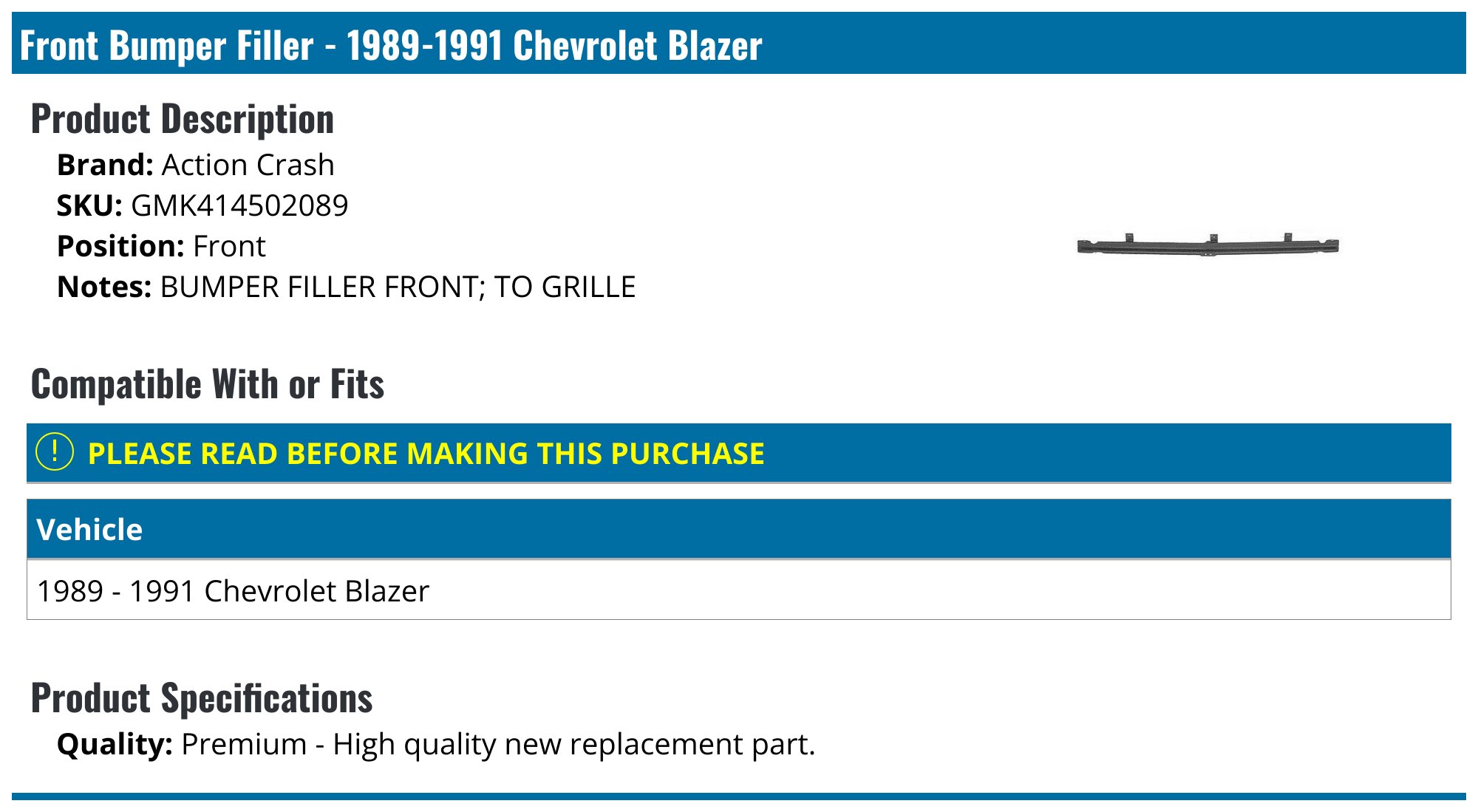 1989-1991 Chevrolet Blazer Bumper Filler - Action Crash GMK414502089 ...
