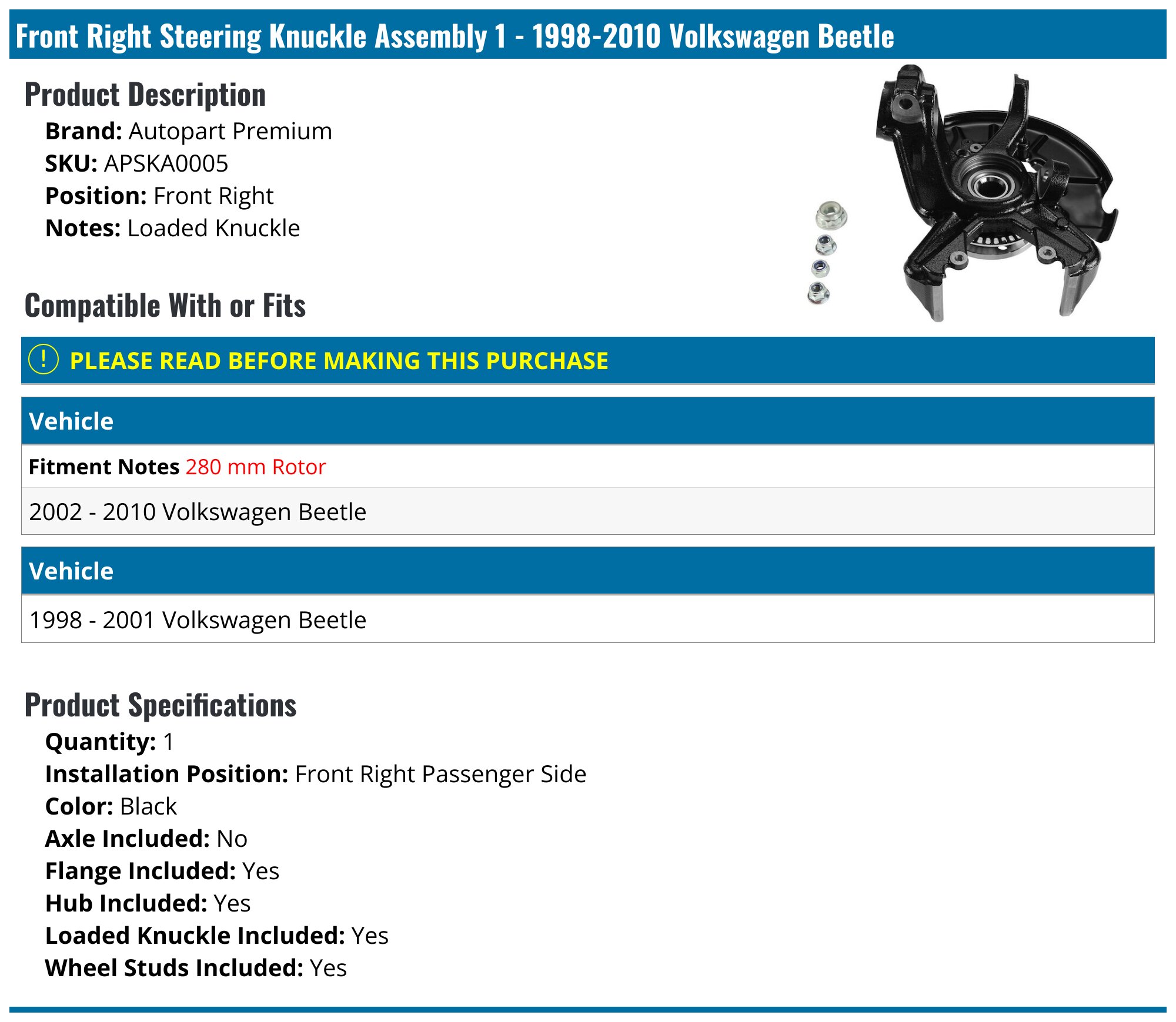 1998-2010 Volkswagen Beetle Steering Knuckle - Autopart Premium ...