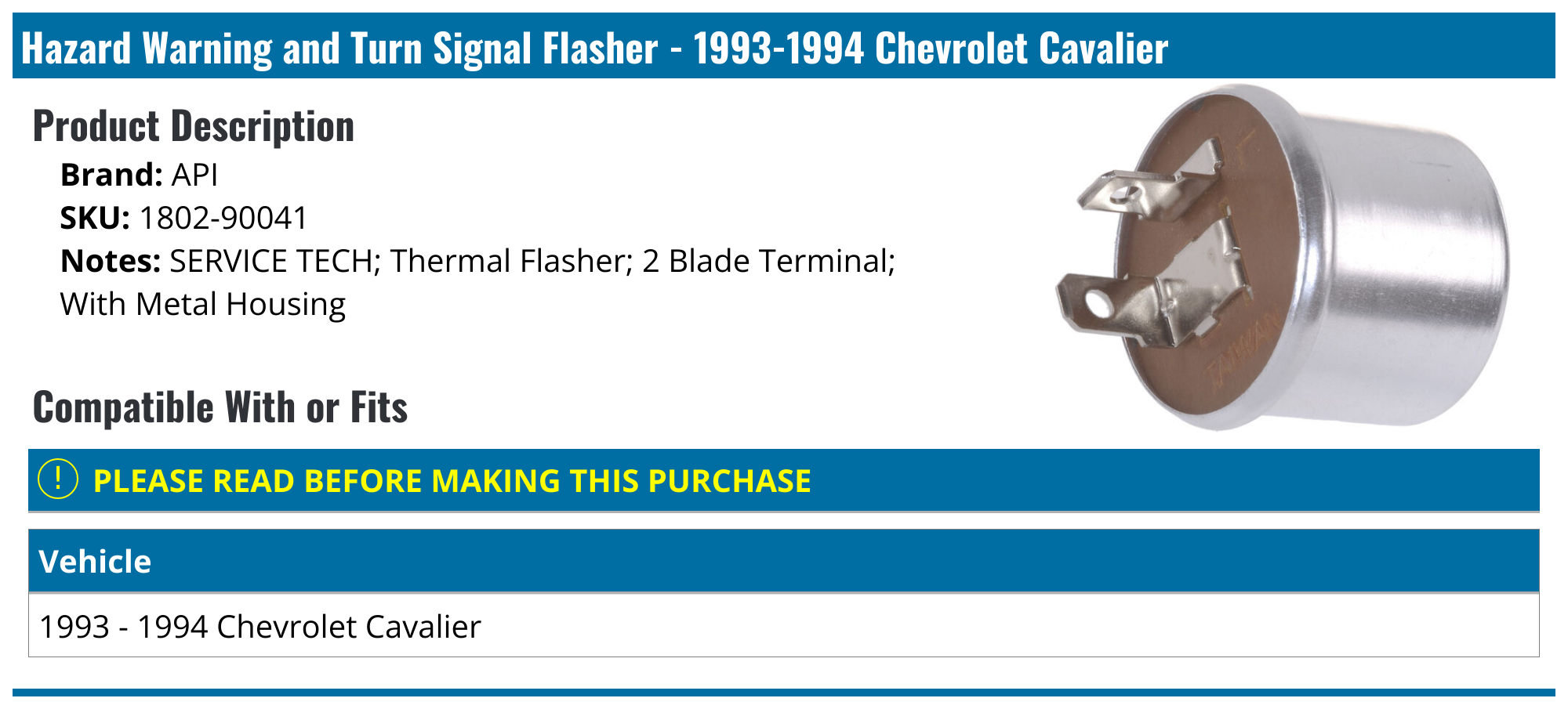 1993-1994 Chevrolet Cavalier Hazard Warning Flasher - API 3169-07790329 ...
