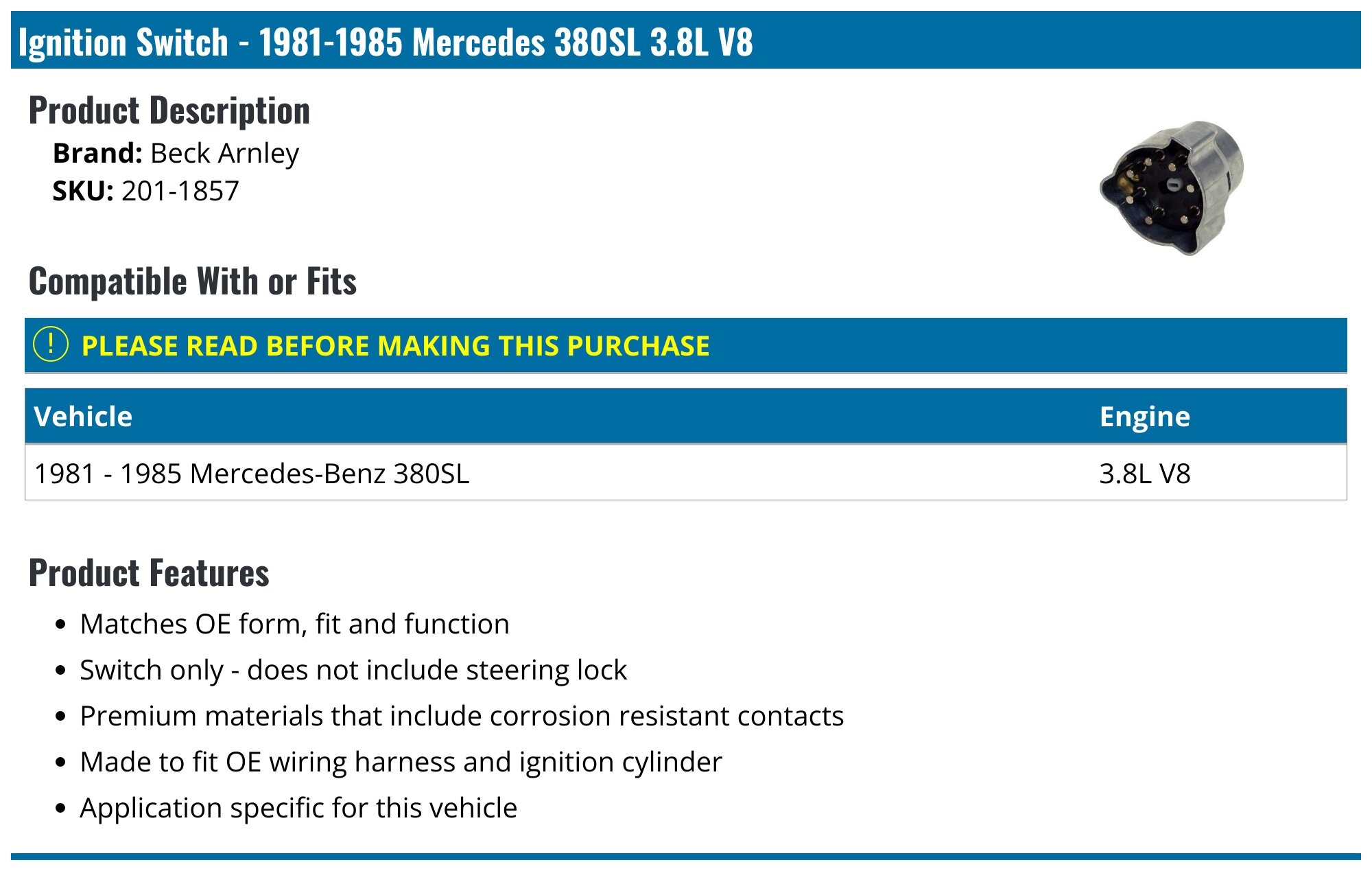 1981-1985 Mercedes 380SL Ignition Switch - Beck Arnley 201-1857 ...