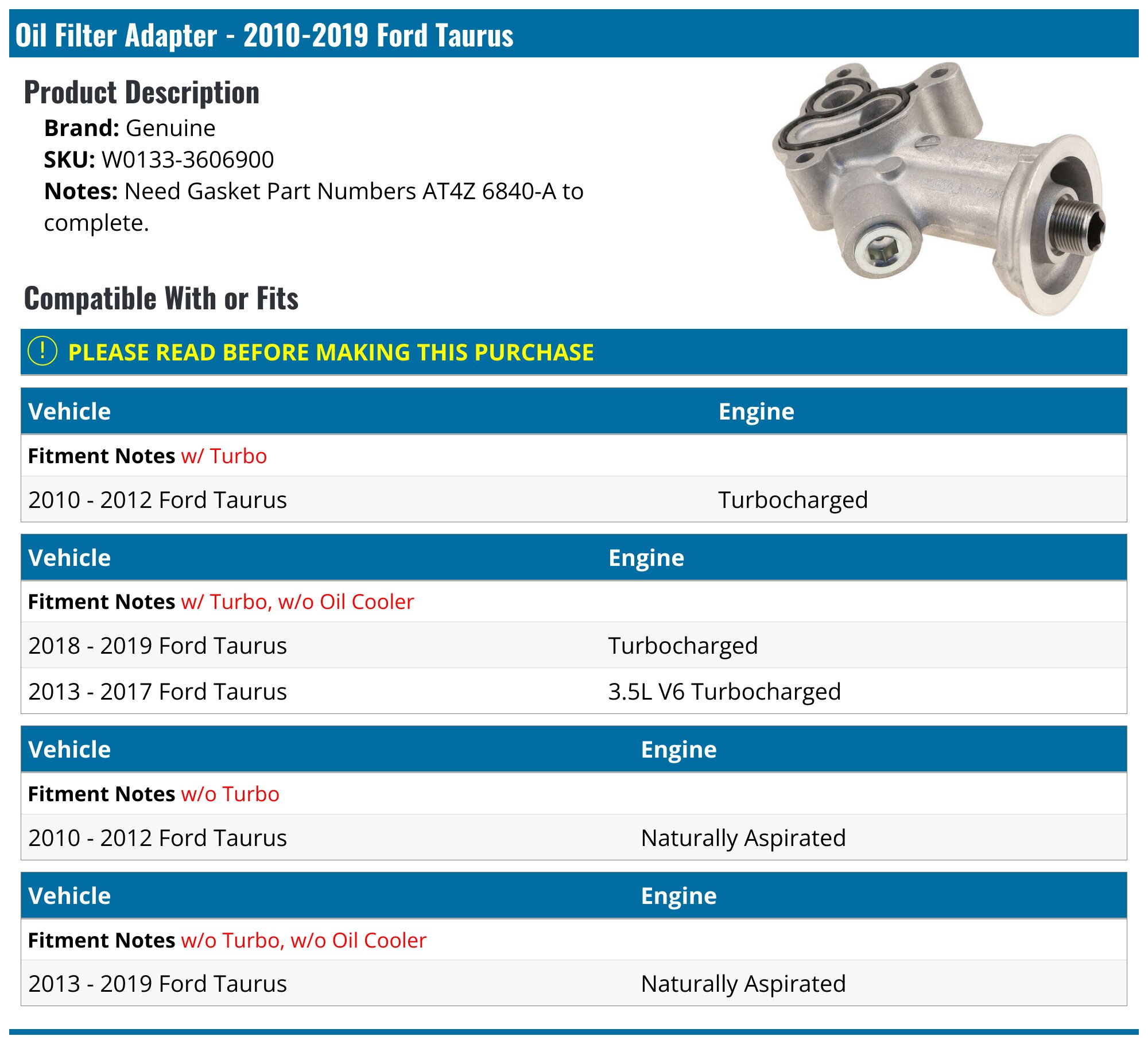 2010-2019 Ford Taurus Oil Filter Adapter - Genuine W0133-3606900 ...