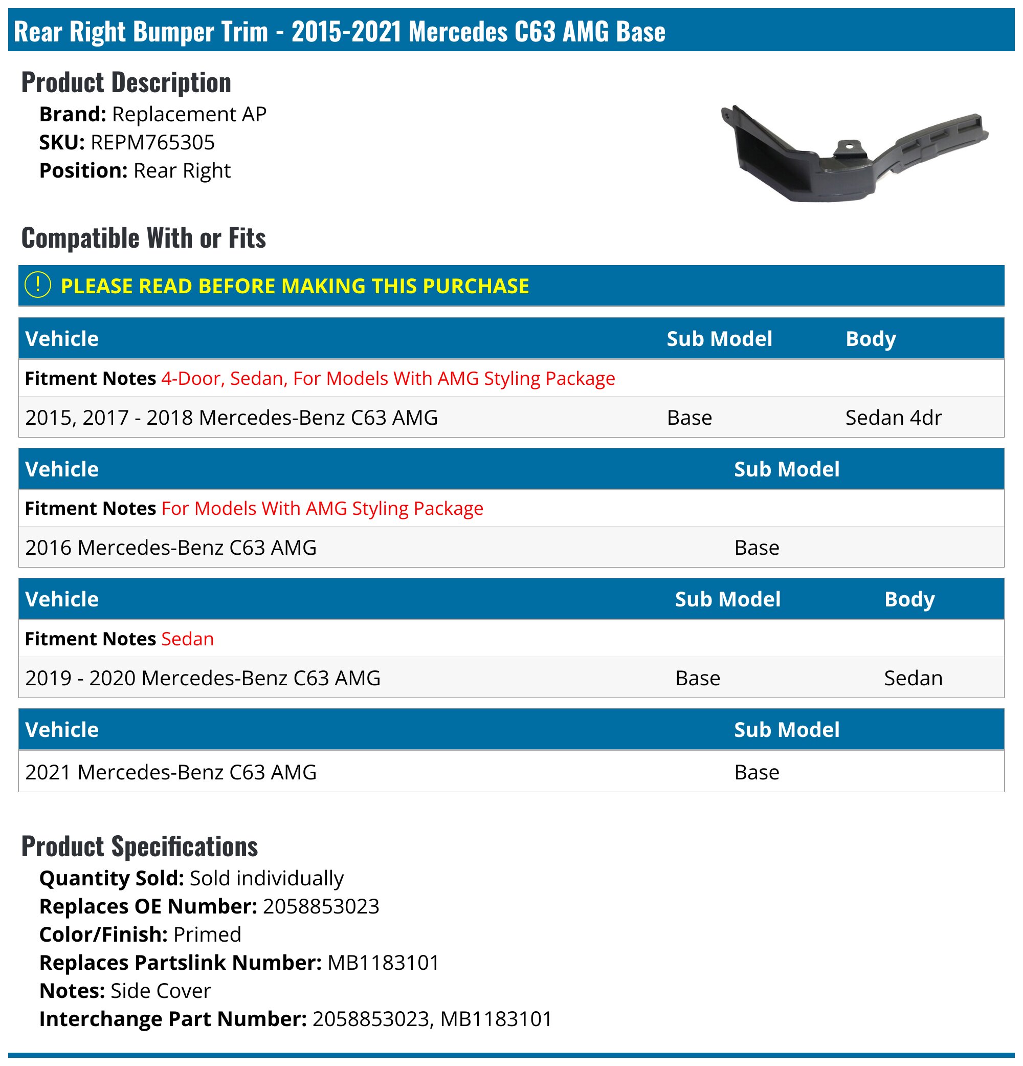 2015-2021 Mercedes C63 AMG Bumper Trim - Replacement AP REPM765305 ...