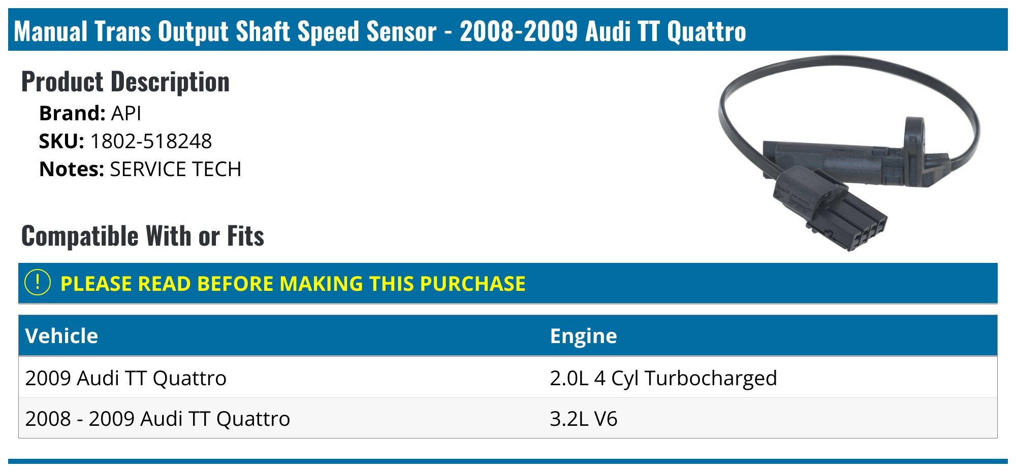 2008-2009 Audi TT Quattro Manual Trans Output Shaft Speed Sensor - API ...