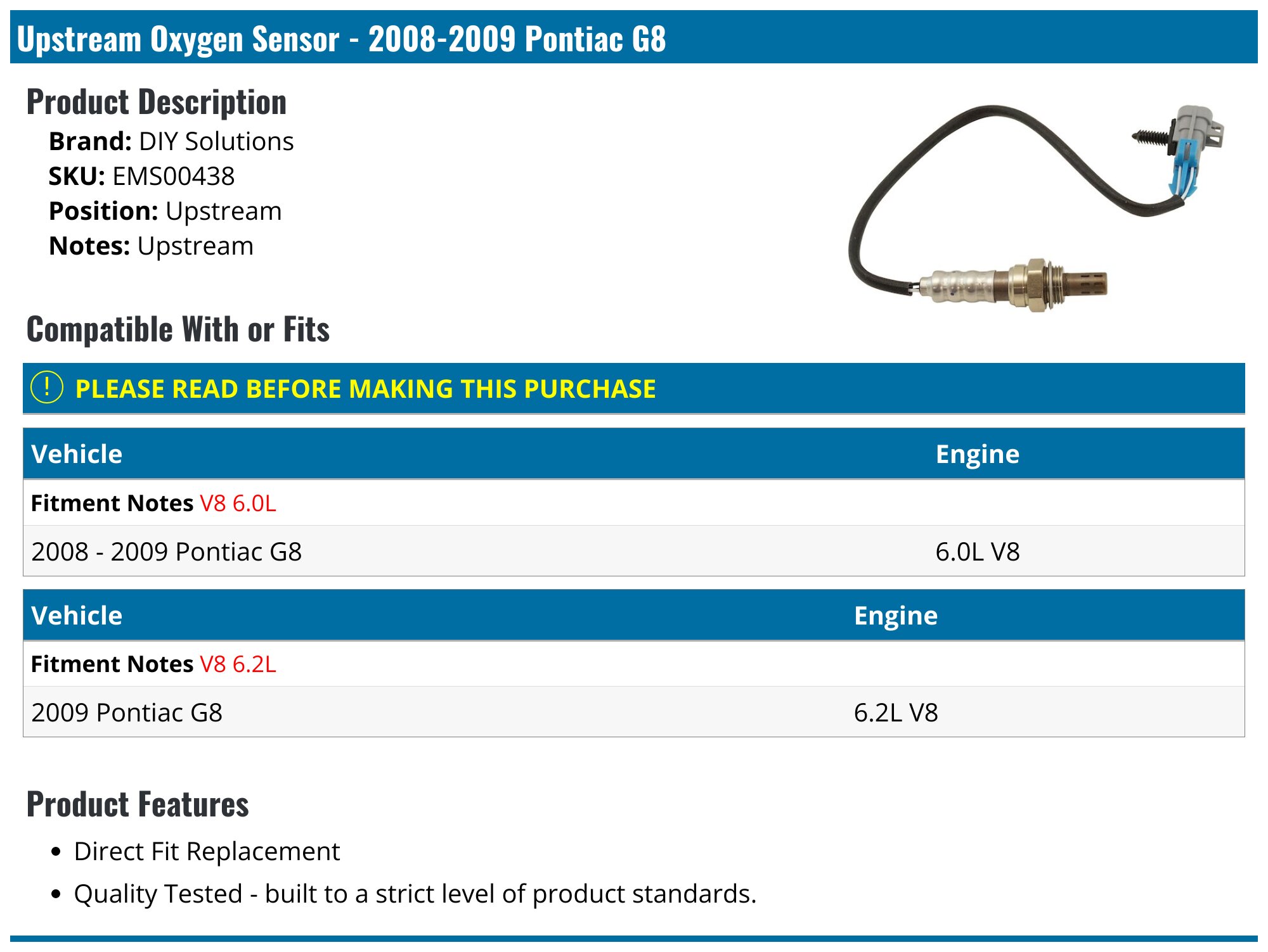 2008-2009 Pontiac G8 Oxygen Sensor - DIY Solutions EMS00438 - Upstream ...