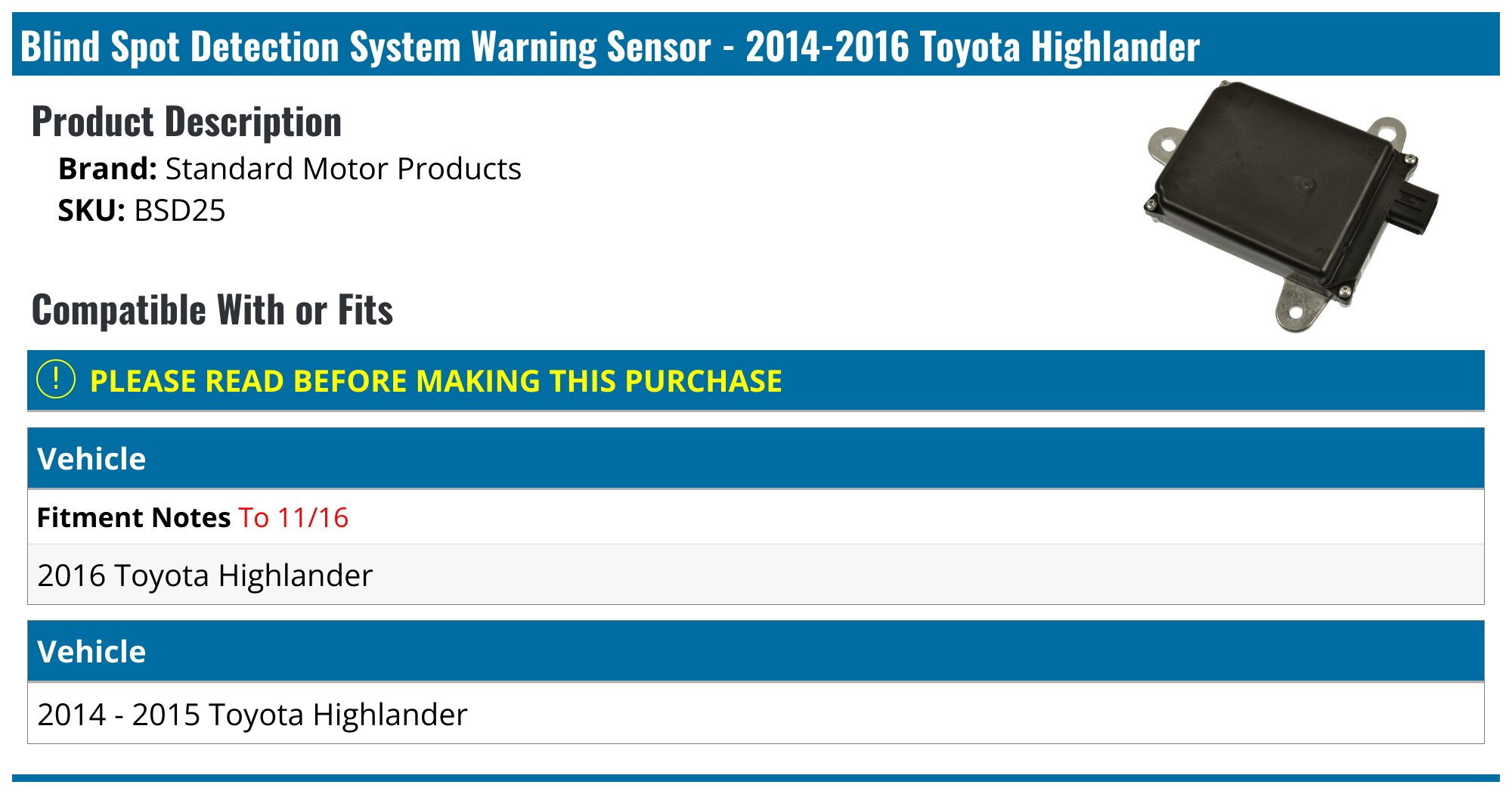 2014-2016 Toyota Highlander Blind Spot Detection System Warning Sensor ...