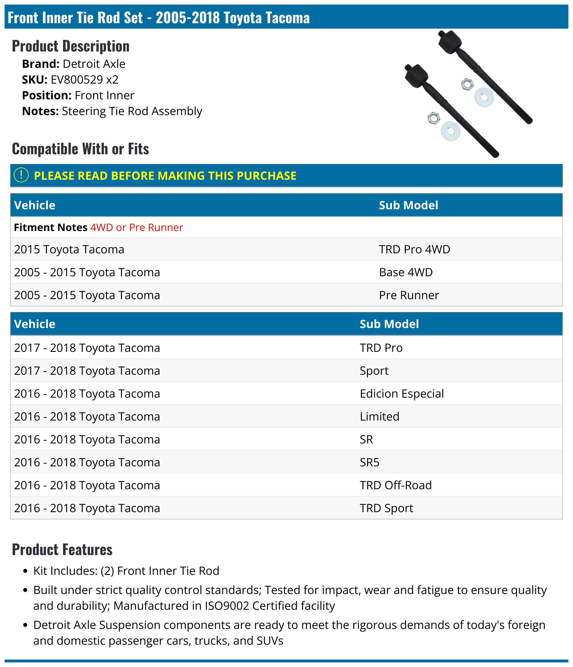 2005-2018 Toyota Tacoma Tie Rod - Detroit Axle EV800529 x2 - Front ...