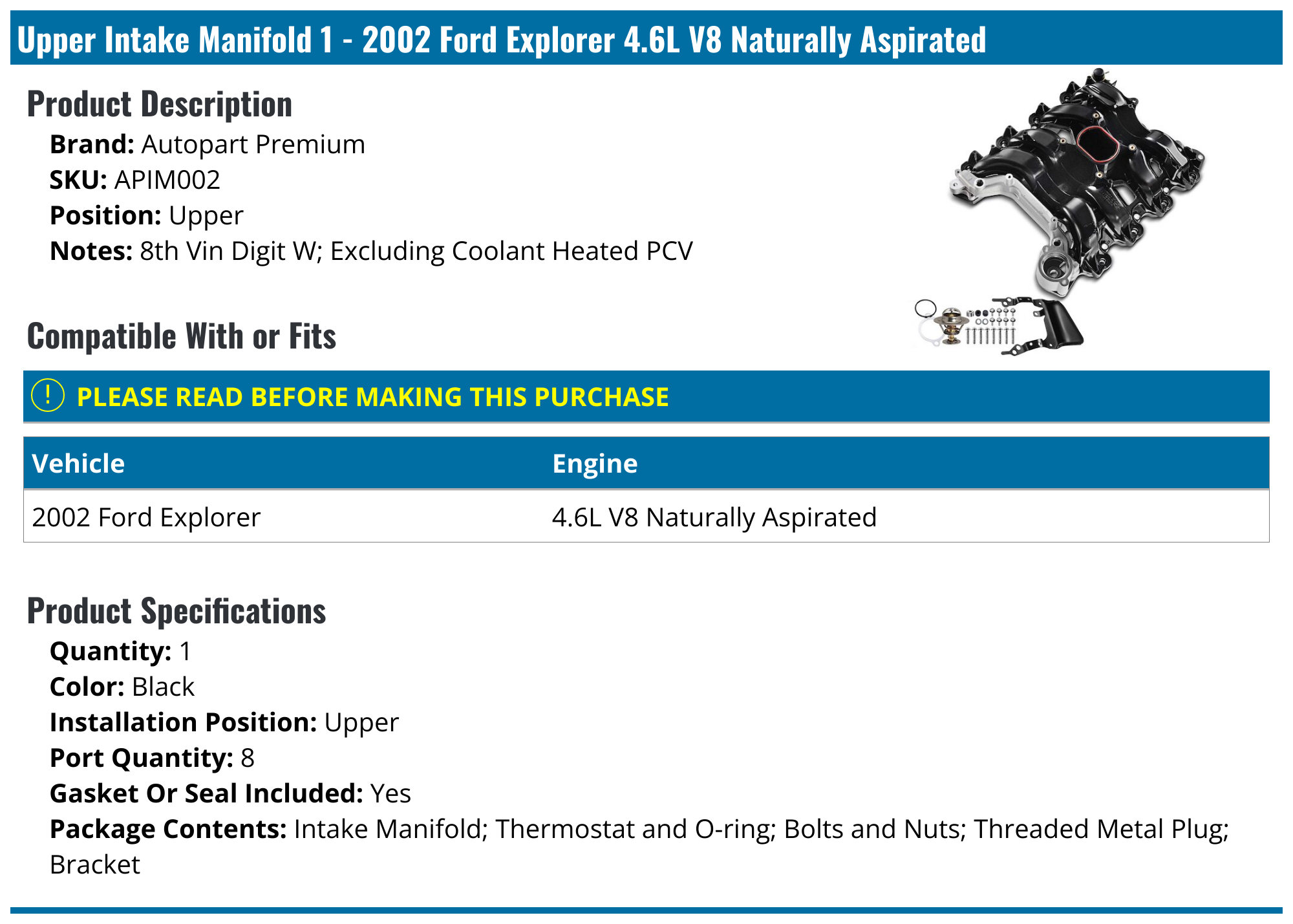 2002 Ford Explorer Intake Manifold - Autopart Premium APIM002 - Upper ...