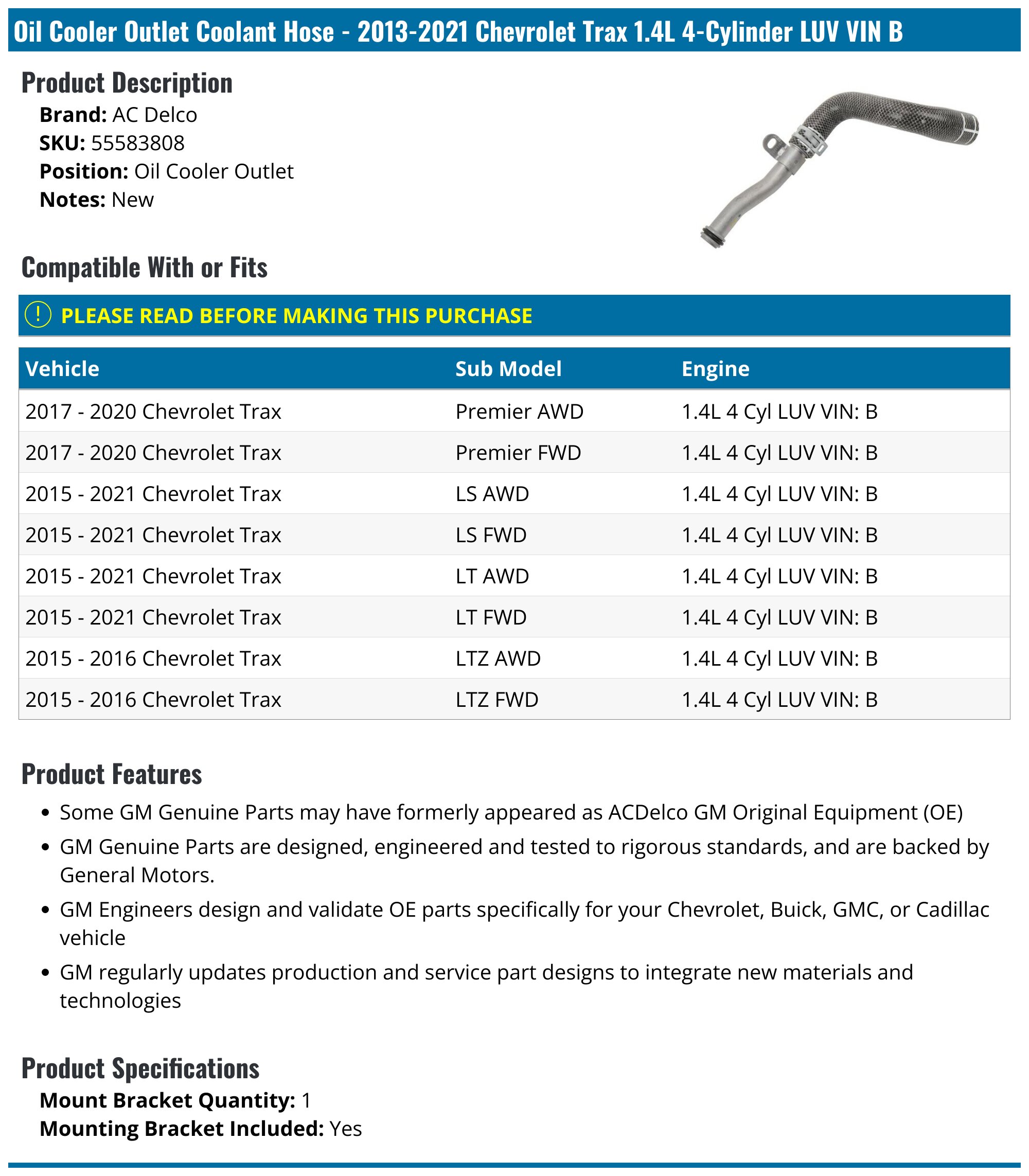 2013-2021 Chevrolet Trax Coolant Hose - AC Delco 55583808 - Oil Cooler ...
