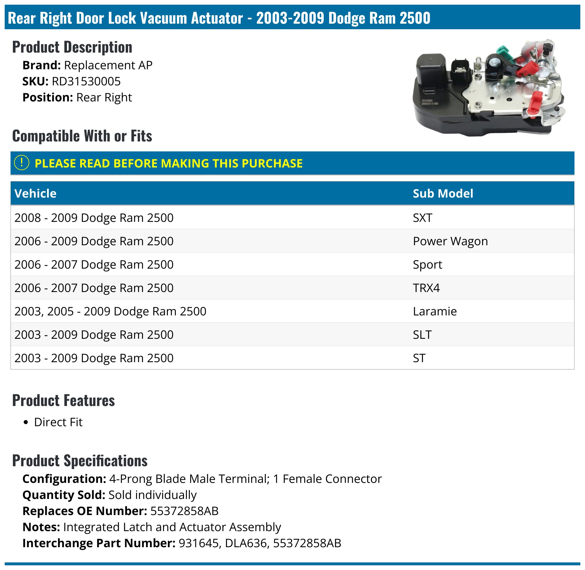 2003-2009 Dodge Ram 2500 Door Lock Vacuum Actuator - Replacement AP ...