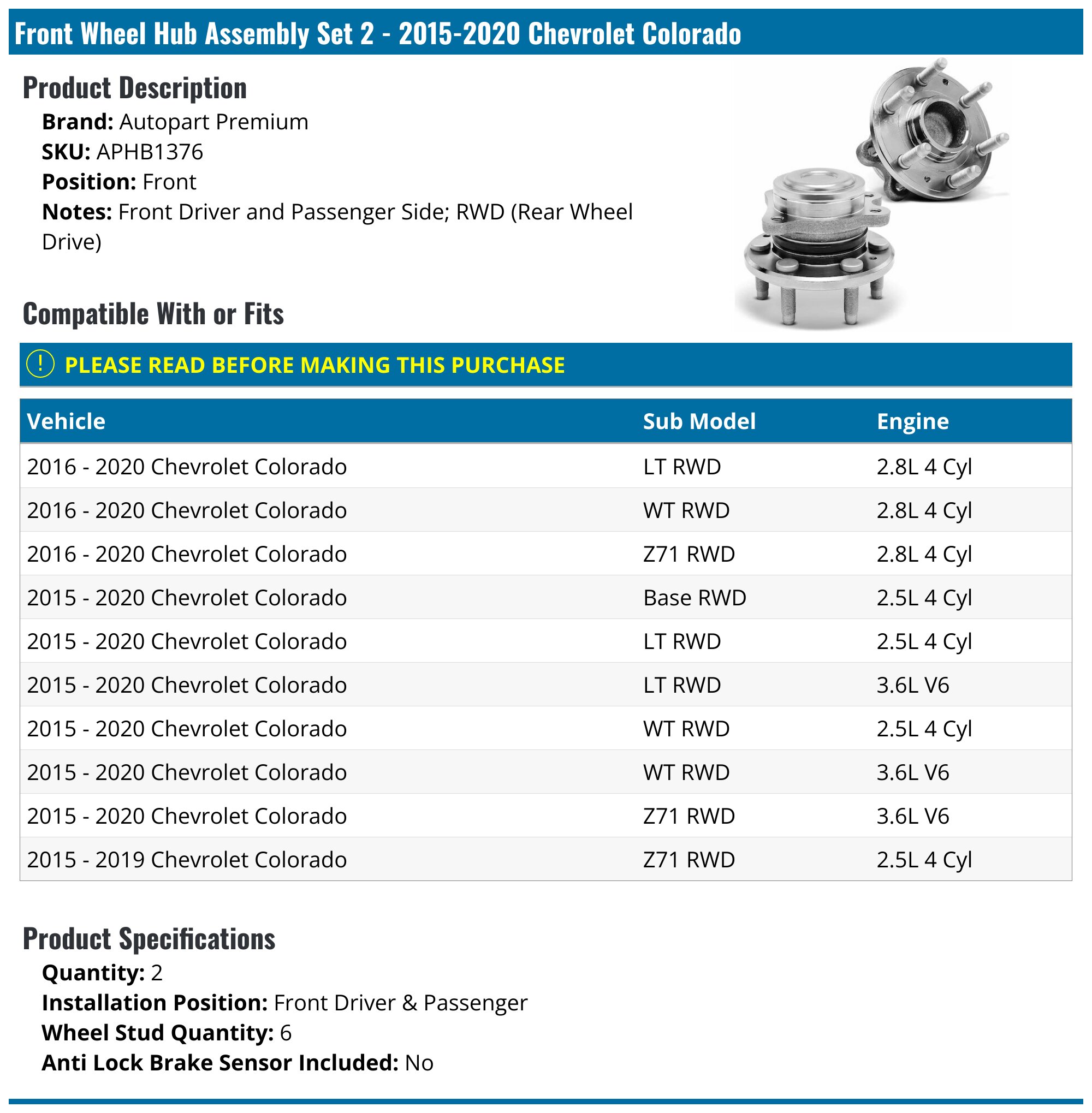 2015-2020 Chevrolet Colorado Wheel Hub Assembly - Autopart Premium ...