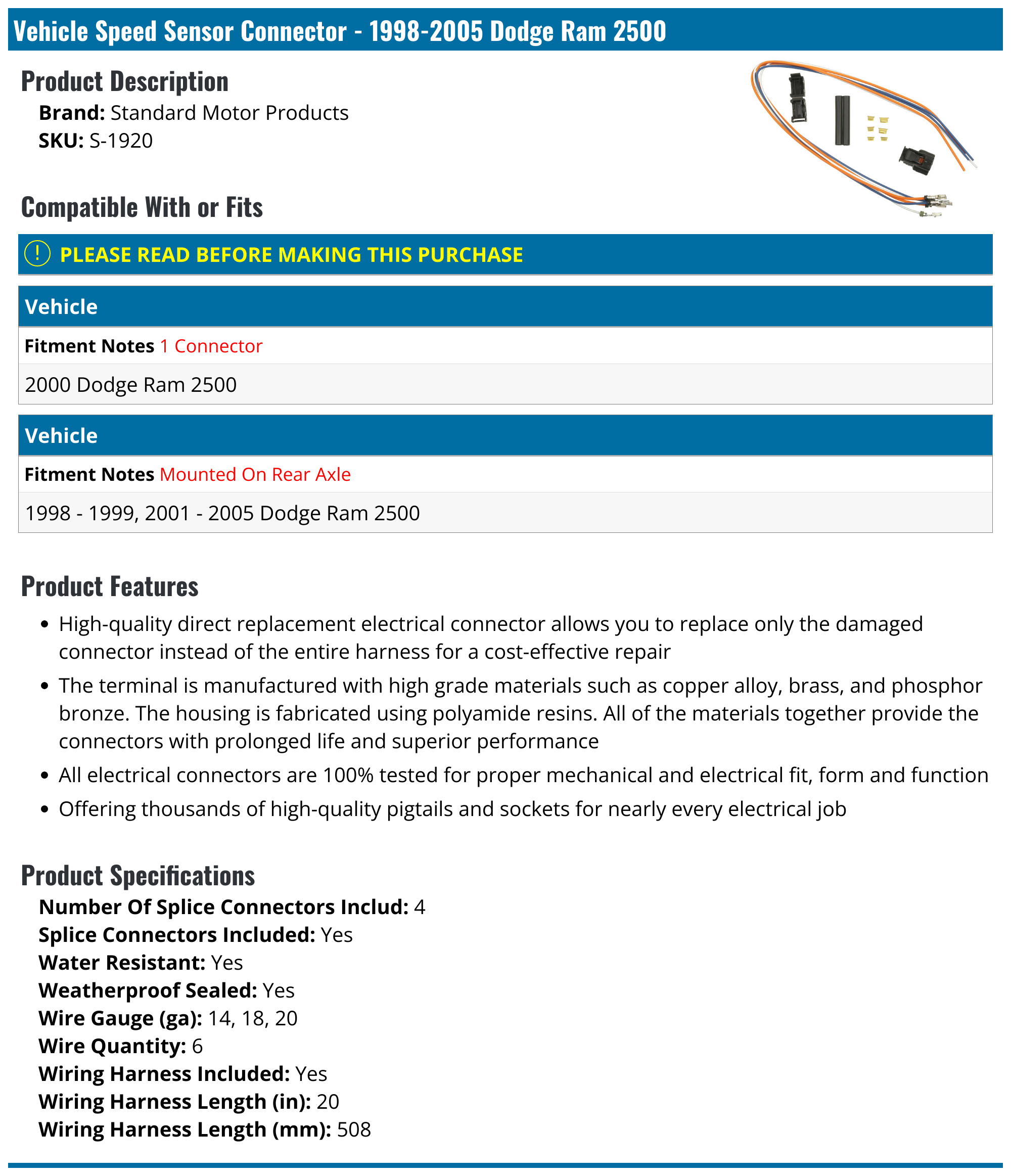 1998-2005 Dodge Ram 2500 Vehicle Speed Sensor Connector - Standard ...